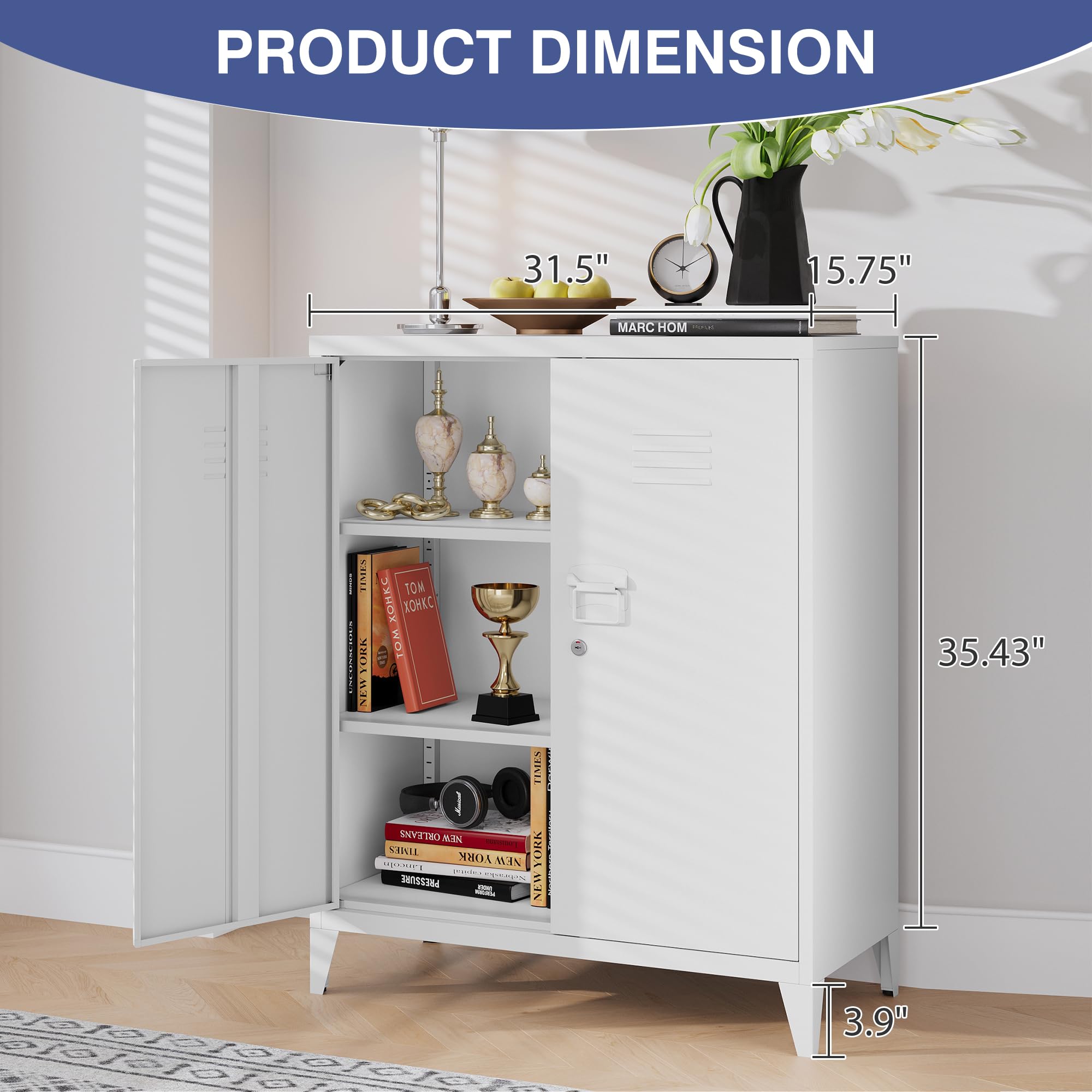 LISSIMO Metal Storage Cabinet,Home Office Cabinet with Doors and Adjustable Shelves,Locking Cabinet with Adjustabl Leg Levelers Assembly Required(White)
