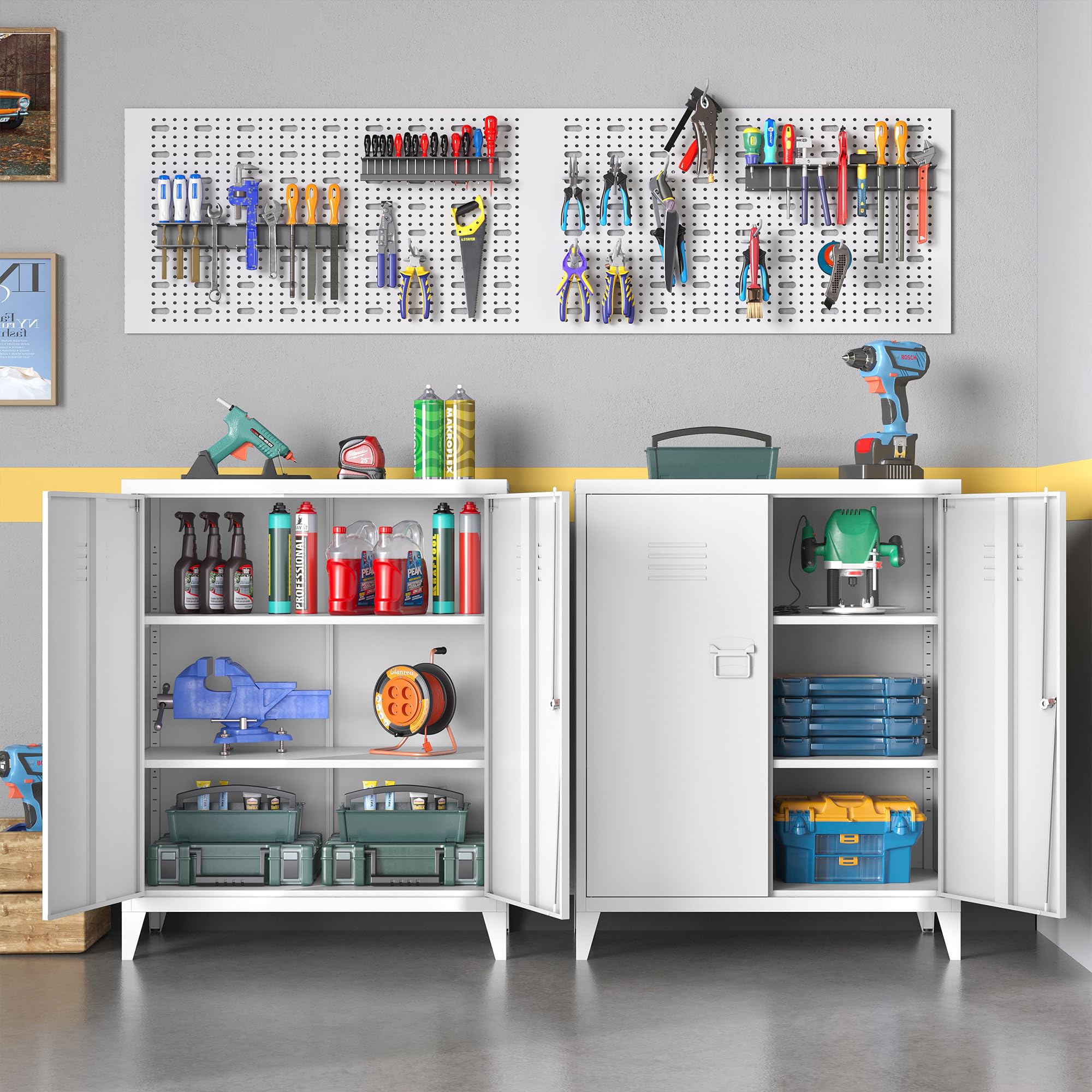 LISSIMO Metal Storage Cabinet,Home Office Cabinet with Doors and Adjustable Shelves,Locking Cabinet with Adjustabl Leg Levelers Assembly Required(White)