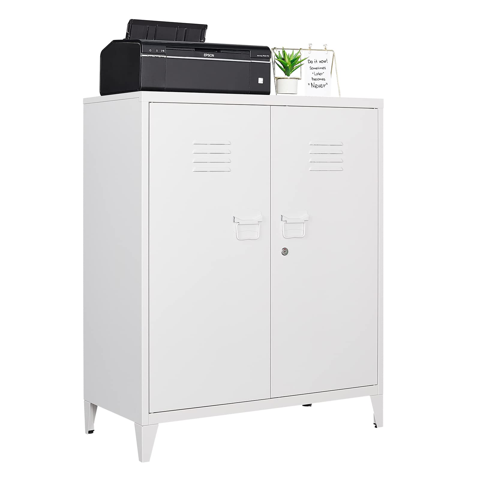 LISSIMO Metal Storage Cabinet,Home Office Cabinet with Doors and Adjustable Shelves,Locking Cabinet with Adjustabl Leg Levelers Assembly Required(White)