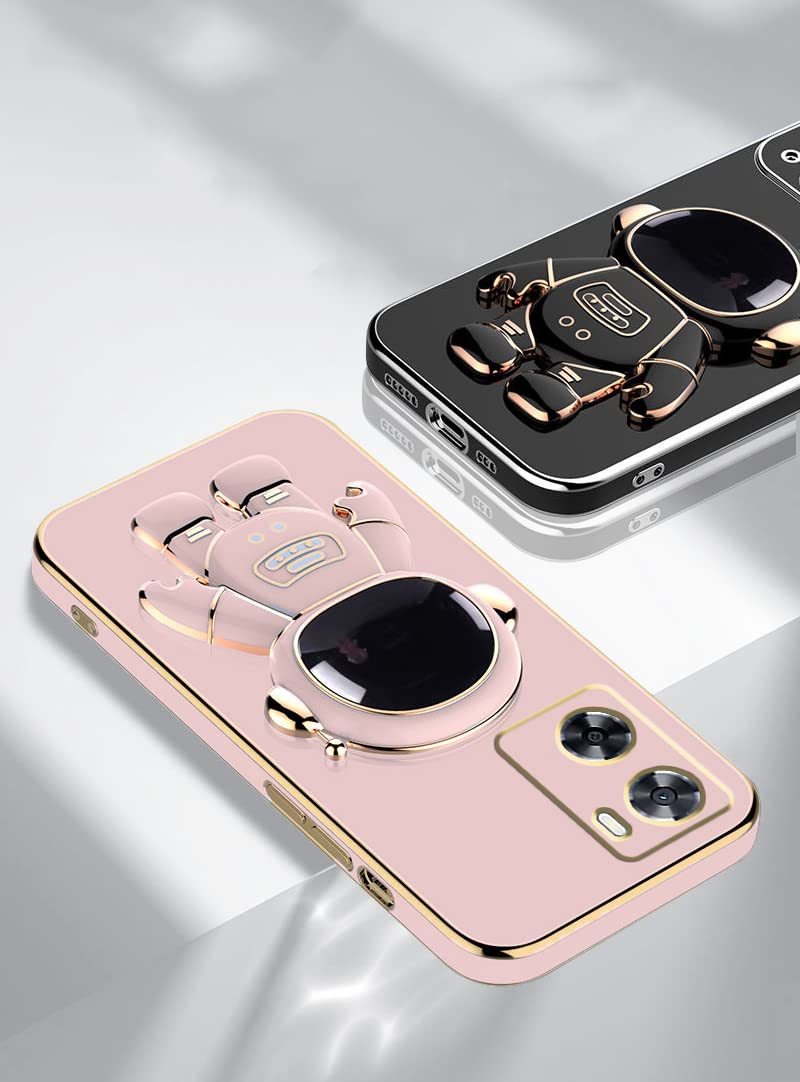 Compatible with Oppo A57s Case with Plating Creative Astronaut Cartoon Holder Pink, for Oppo A57 4g Phone Case Silicone Shockproof Stand Soft TPU Protective Slim Cover (Pink)