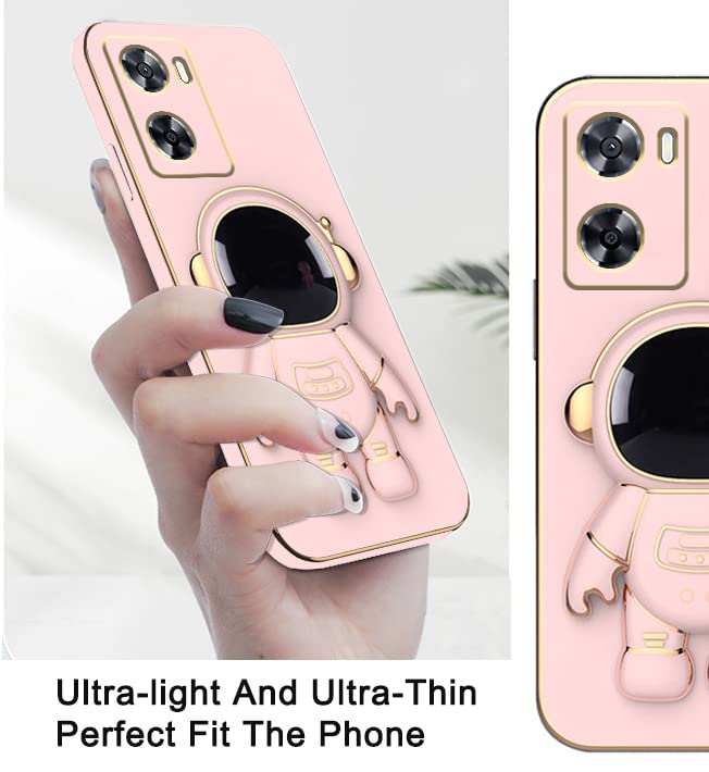 Compatible with Oppo A57s Case with Plating Creative Astronaut Cartoon Holder Pink, for Oppo A57 4g Phone Case Silicone Shockproof Stand Soft TPU Protective Slim Cover (Pink)