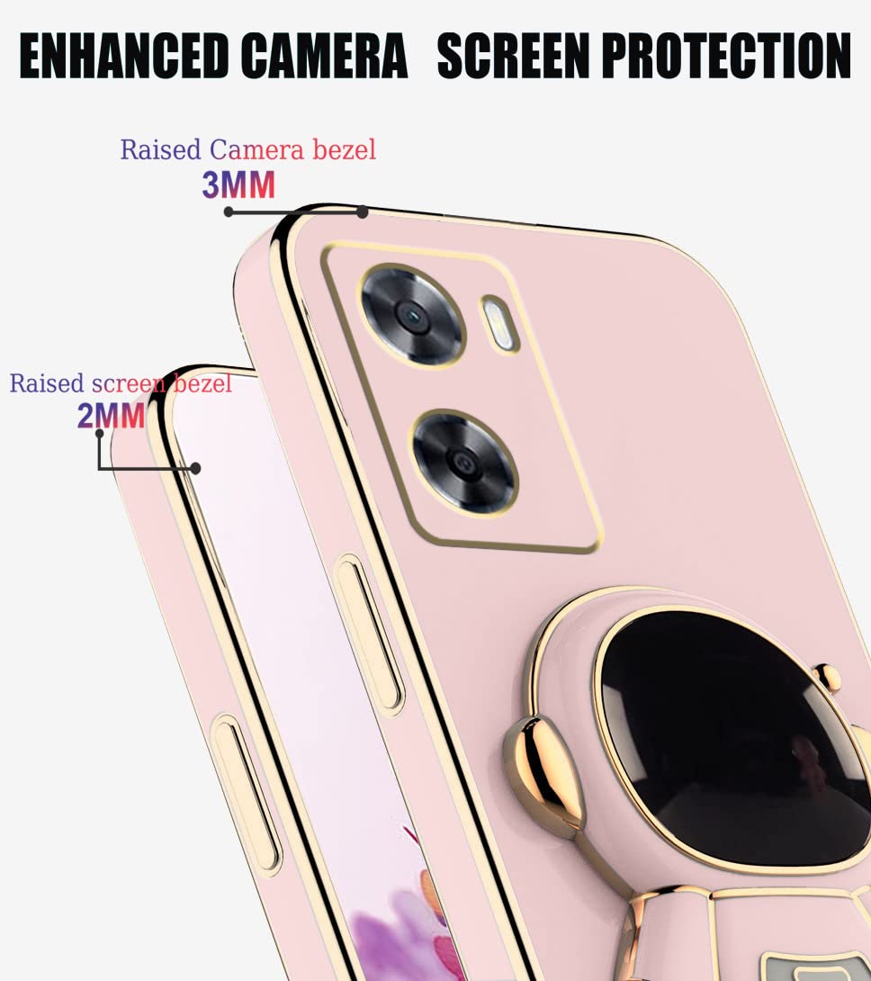 Compatible with Oppo A57s Case with Plating Creative Astronaut Cartoon Holder Pink, for Oppo A57 4g Phone Case Silicone Shockproof Stand Soft TPU Protective Slim Cover (Pink)