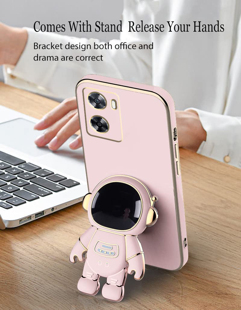Compatible with Oppo A57s Case with Plating Creative Astronaut Cartoon Holder Pink, for Oppo A57 4g Phone Case Silicone Shockproof Stand Soft TPU Protective Slim Cover (Pink)