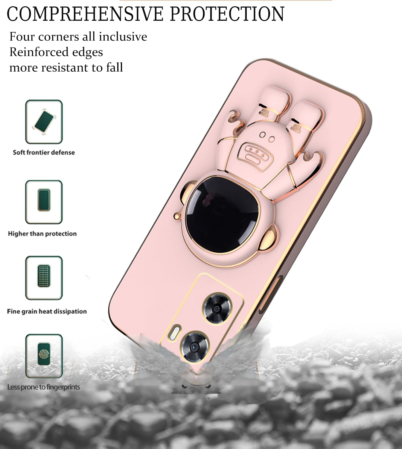 Compatible with Oppo A57s Case with Plating Creative Astronaut Cartoon Holder Pink, for Oppo A57 4g Phone Case Silicone Shockproof Stand Soft TPU Protective Slim Cover (Pink)