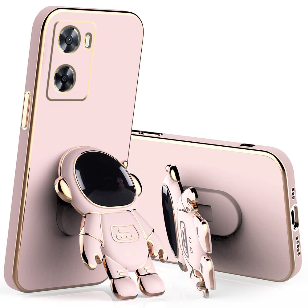 Compatible with Oppo A57s Case with Plating Creative Astronaut Cartoon Holder Pink, for Oppo A57 4g Phone Case Silicone Shockproof Stand Soft TPU Protective Slim Cover (Pink)