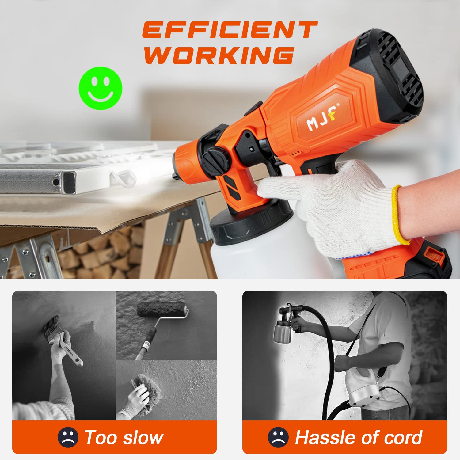 MJF Cordless Paint Sprayer, with 2 * 20V 2.0Ah Batteries, Includes 4 Copper Nozzles & 3 Patterns, 1000ml Container, HVLP Paint Sprayer for Home Interior and Exterior, Handheld Paint Spray Gun, Orange
