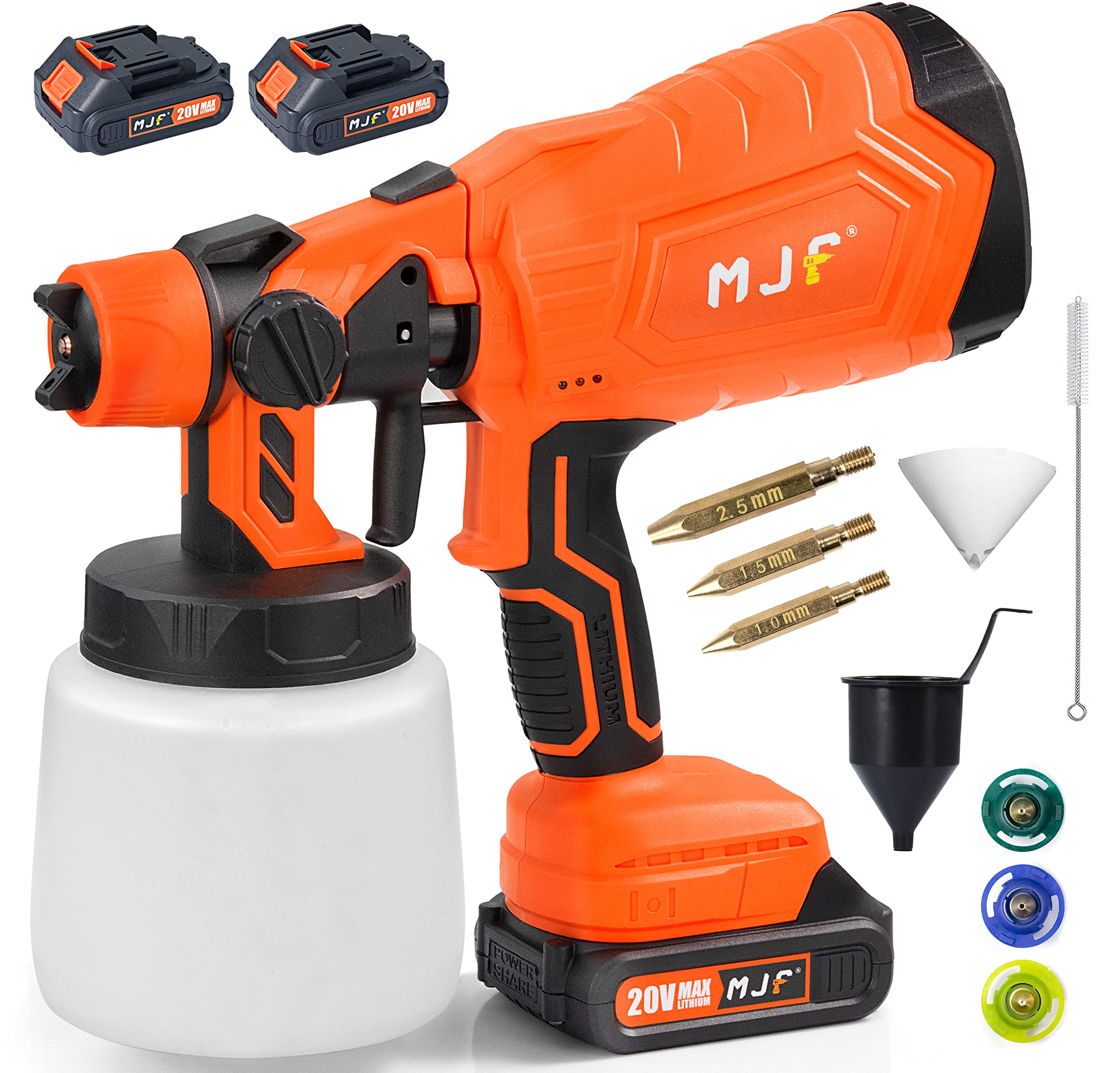 MJF Cordless Paint Sprayer, with 2 * 20V 2.0Ah Batteries, Includes 4 Copper Nozzles & 3 Patterns, 1000ml Container, HVLP Paint Sprayer for Home Interior and Exterior, Handheld Paint Spray Gun, Orange