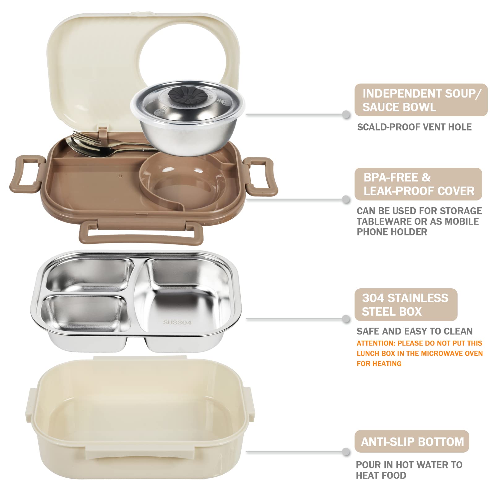 Puraville Stainless Steel Bento Lunch Box for Kids and Adults, Stackable BPA-Free Food Containers with 3 Compartments and Reusable Sauce Bowl, Fork and Spoon, (1000ml/34oz, Cream)
