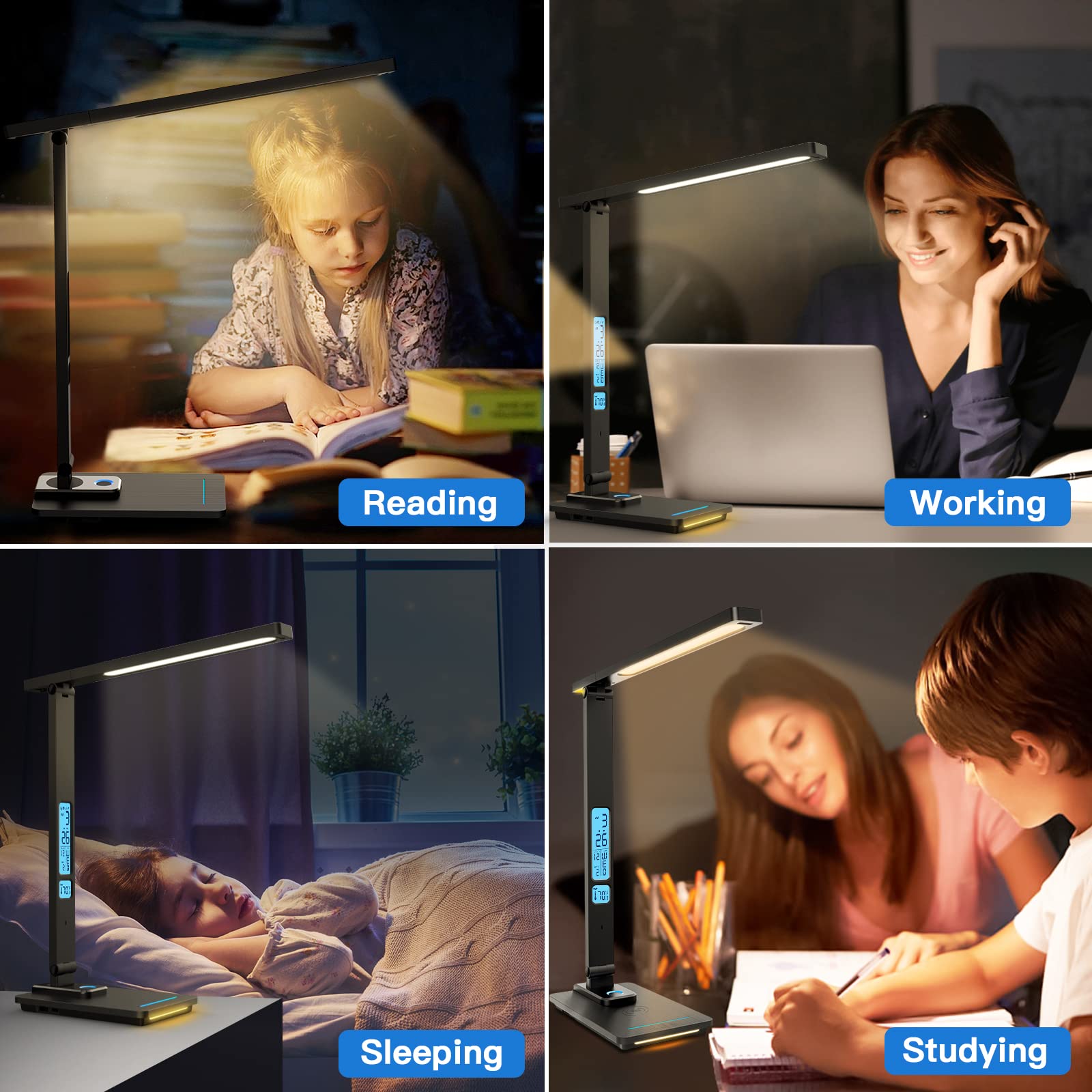 LED Desk Lamp with Wireless Charger: Desk Lamps USB Charging Ports for Home Office Bedroom - Touch Control with 5 Color Modes & Brightness Dimmable, 2 Night Lights, Eye-Caring for Reading(Black)