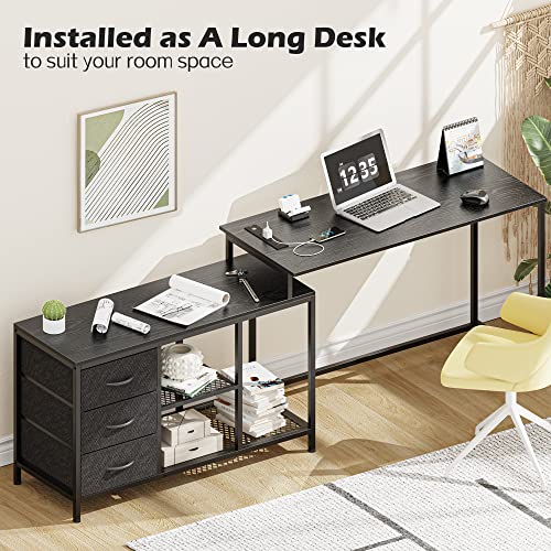 SUPERJARE L Shaped Desk with Power Outlets, Computer Desk with Drawers & Shelves, Corner Desk Gaming Desk Home Office Desk, Black