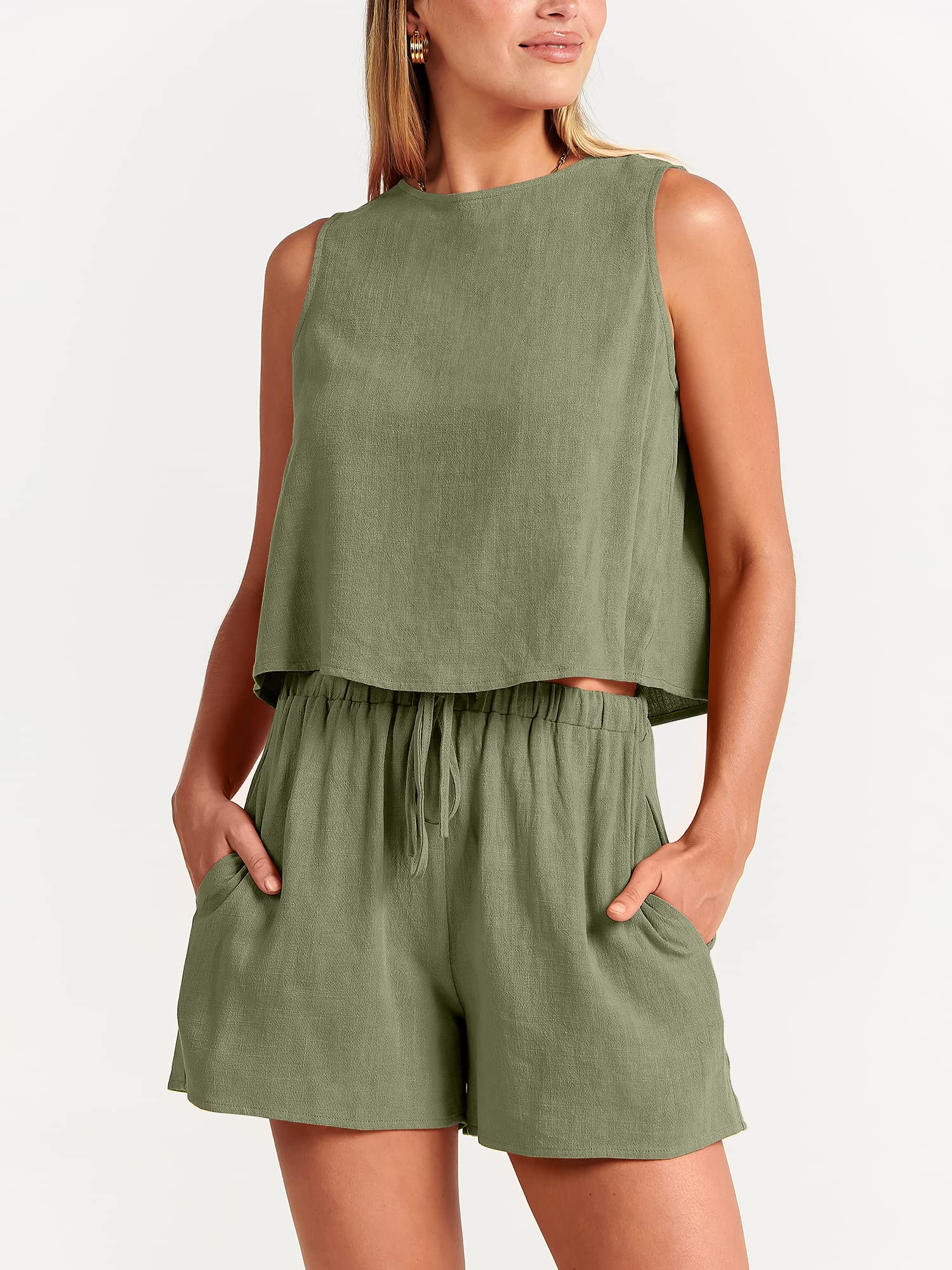 ANRABESS Women’s Summer 2 Piece Linen Shorts Sets Sleeveless Crop Top Romper Lounge Set 2024 Trendy Beach Outfits Olive Small