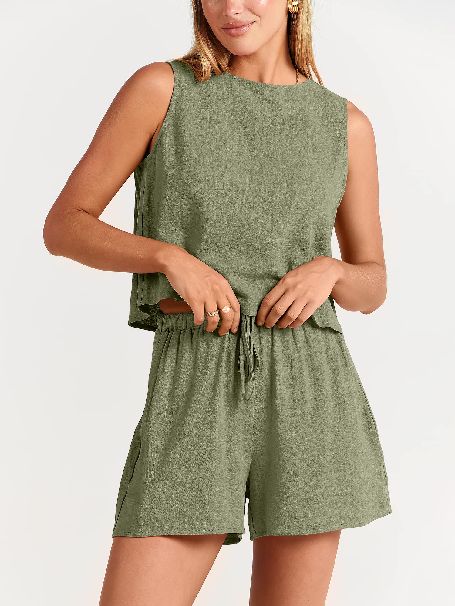 ANRABESS Women’s Summer 2 Piece Linen Shorts Sets Sleeveless Crop Top Romper Lounge Set 2024 Trendy Beach Outfits Olive Small