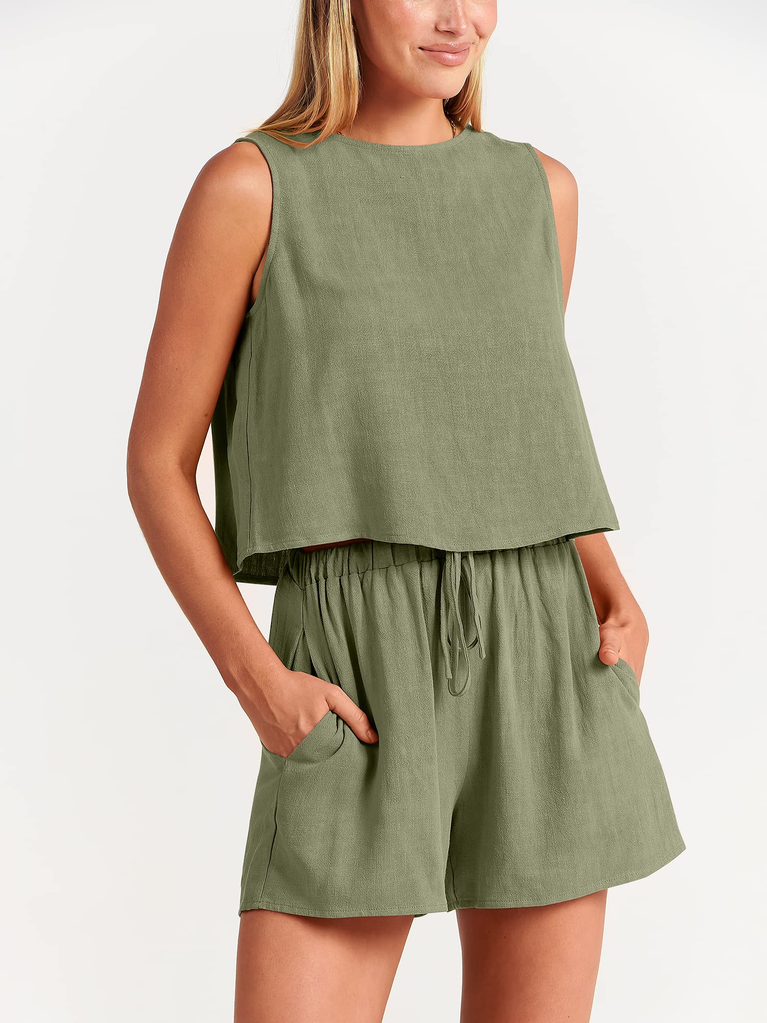 ANRABESS Women’s Summer 2 Piece Linen Shorts Sets Sleeveless Crop Top Romper Lounge Set 2024 Trendy Beach Outfits Olive Small