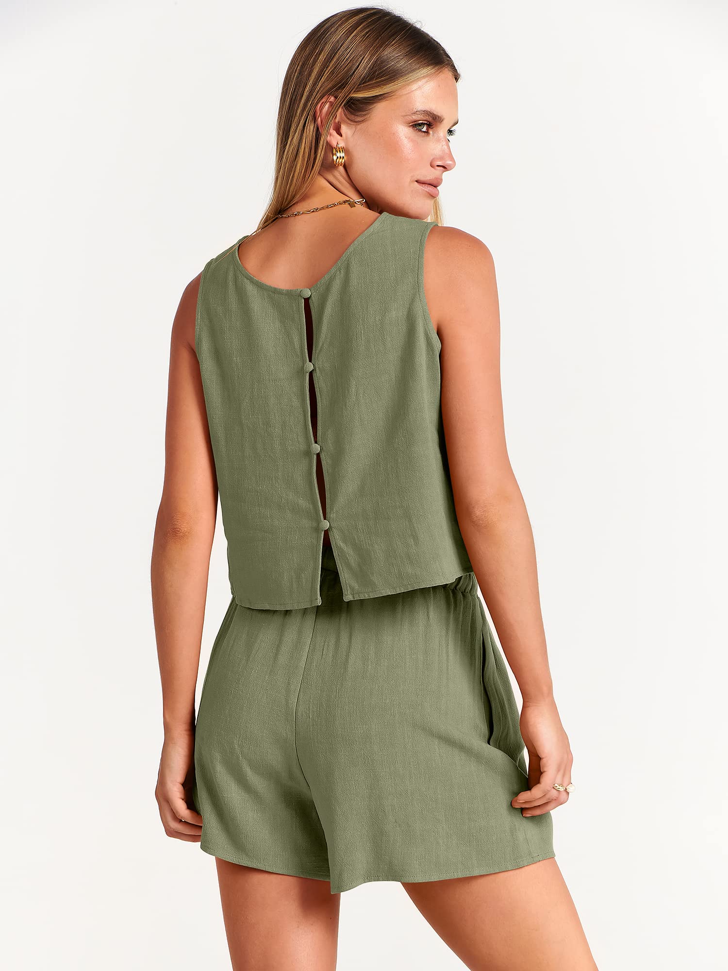 ANRABESS Women’s Summer 2 Piece Linen Shorts Sets Sleeveless Crop Top Romper Lounge Set 2024 Trendy Beach Outfits Olive Small