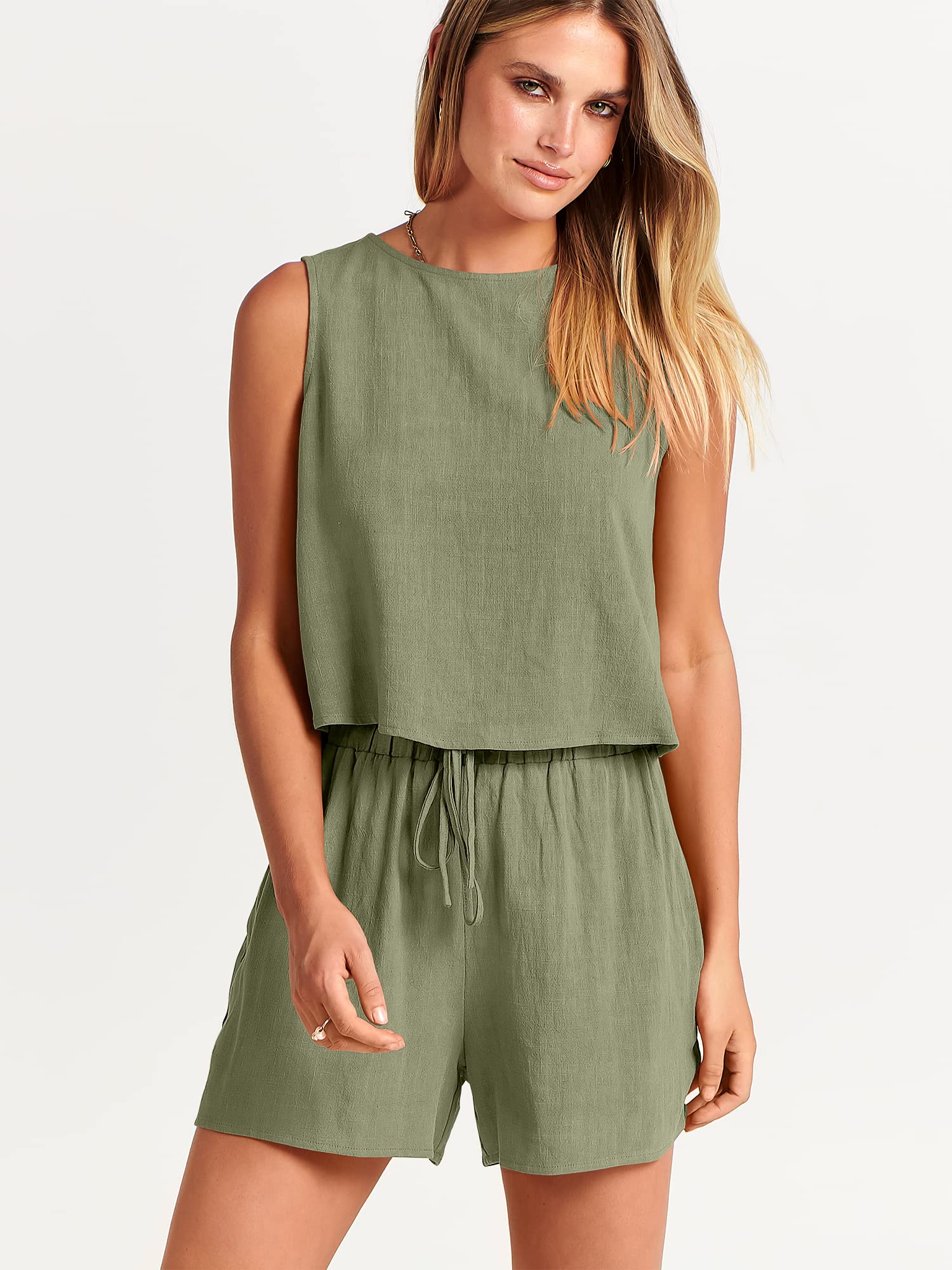 ANRABESS Women’s Summer 2 Piece Linen Shorts Sets Sleeveless Crop Top Romper Lounge Set 2024 Trendy Beach Outfits Olive Small