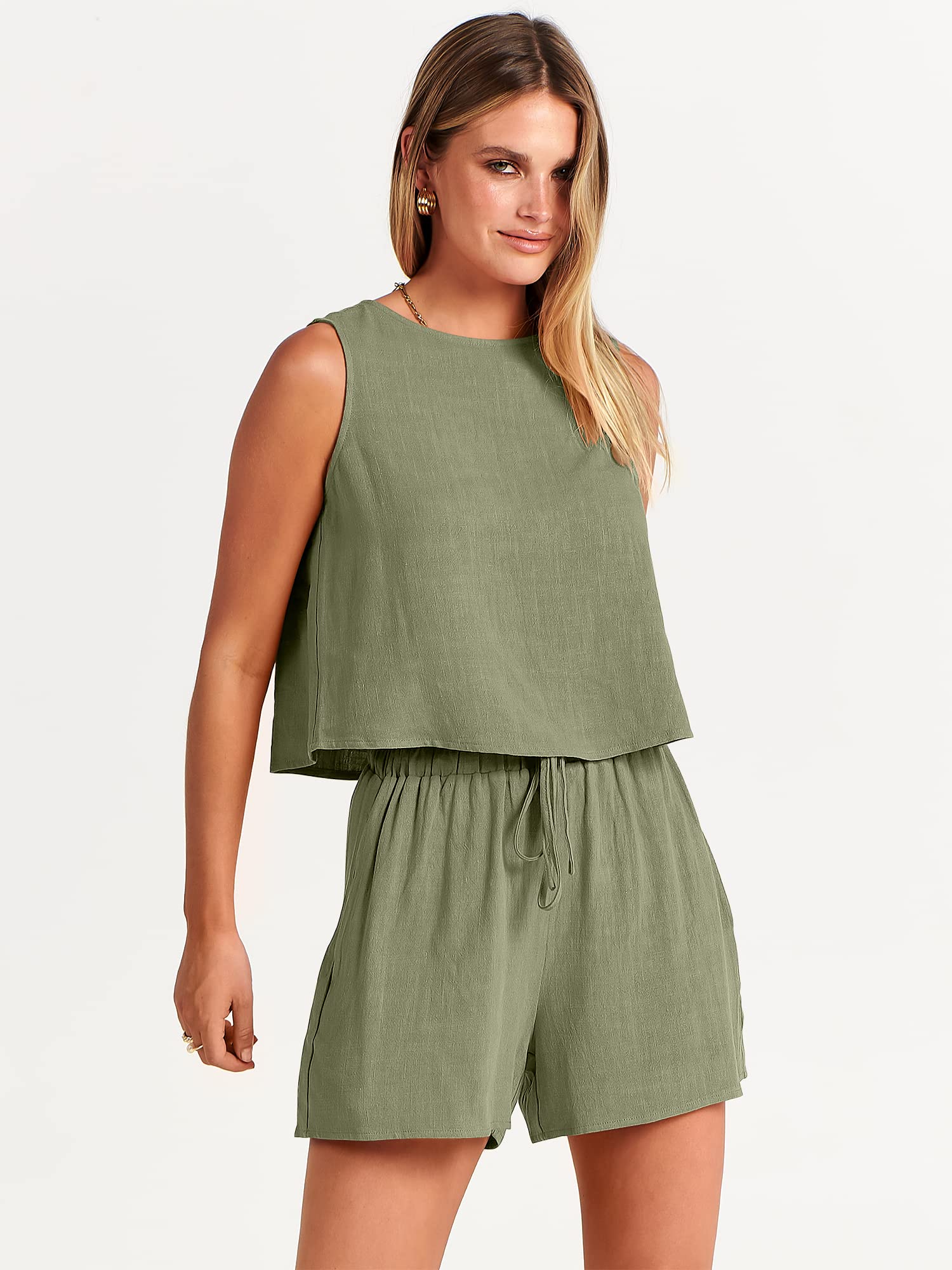 ANRABESS Women’s Summer 2 Piece Linen Shorts Sets Sleeveless Crop Top Romper Lounge Set 2024 Trendy Beach Outfits Olive Small