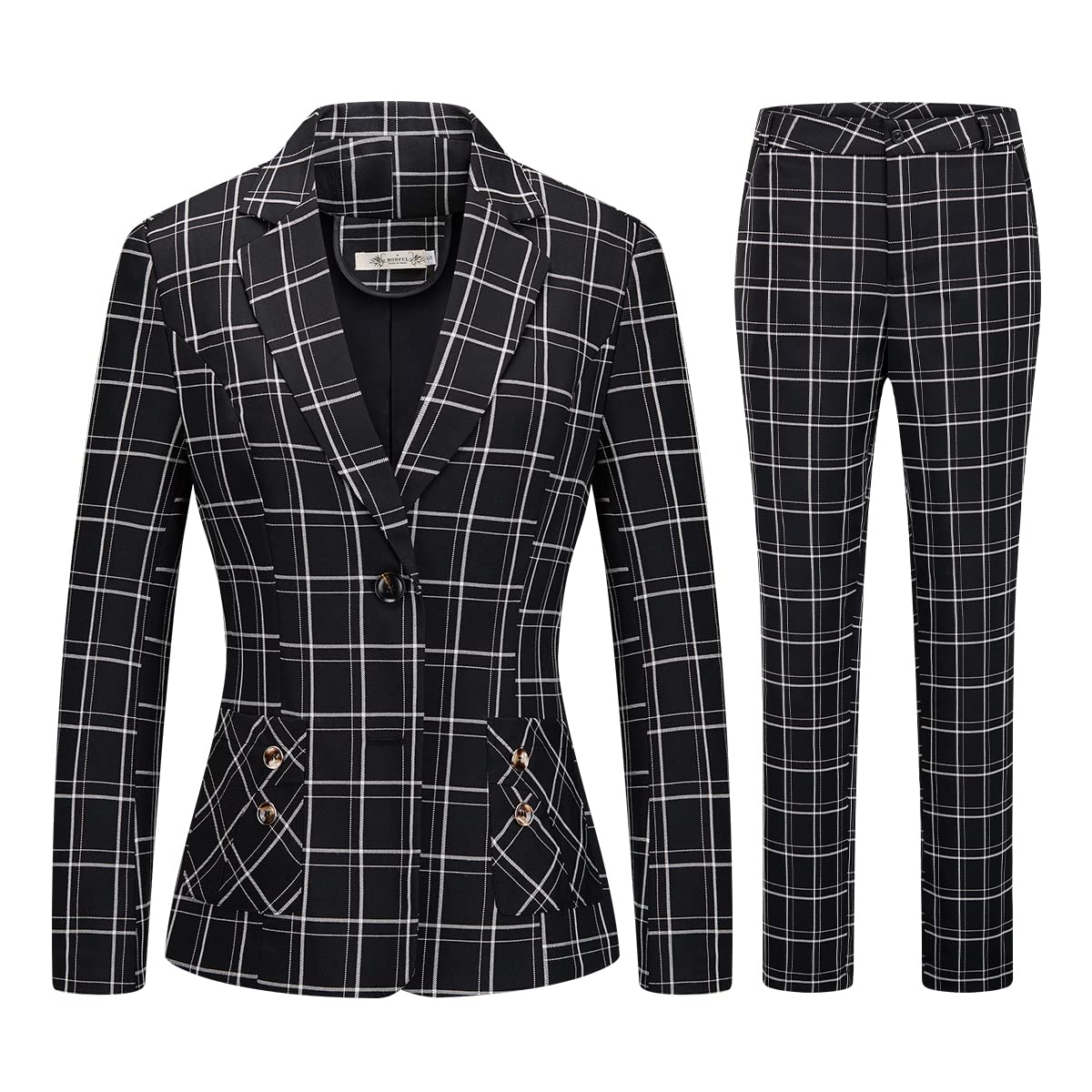 Womens 2 Piece Plaid Suits Casual Slim Fit Two Button Blazer and Pants Suit Set for Work Business Office(Black,Medium)