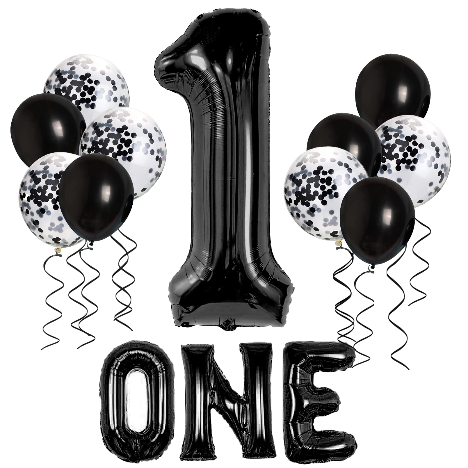 Large - Black One Balloon for First Birthday, 40 Inch Number 1 Balloon, Black 1st Birthday Balloons, Confetti Balloons, Black 1 Balloon 1st Birthday Decorations for Boys, 1 Year Old Balloon