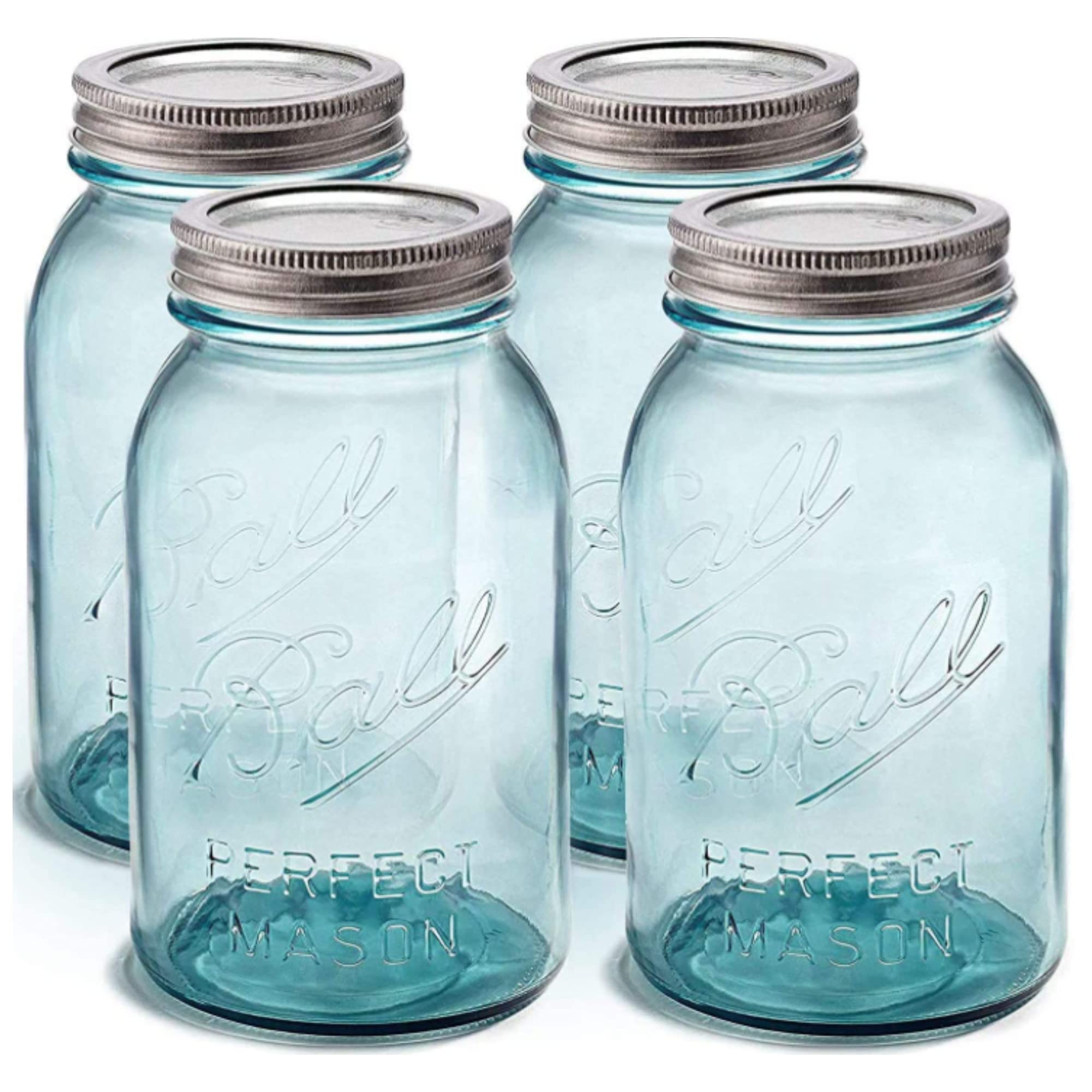 BETRULIGHT Aqua Vintage Mason Jars - Pack of 4, 32 oz Regular Mouth, with Airtight Lids & Bands - Ideal for DIY Crafts, Decor, and Safe Food Preservation