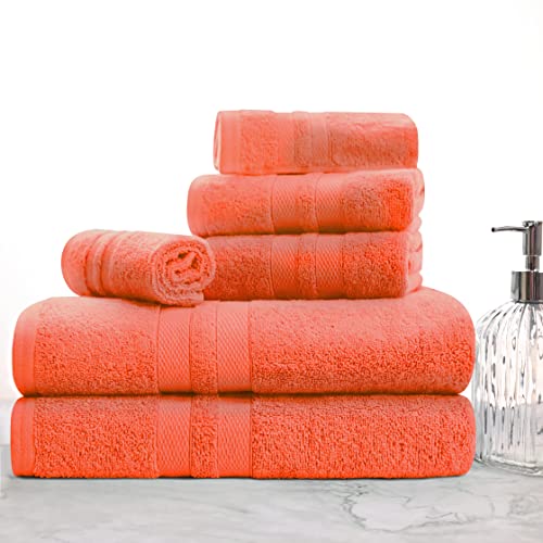 Superior Ultra-Soft 6-Piece Cotton Towel Set, Includes 2 Bath Towels, 2 Hand Towels, and 2 Washcloths for Bathroom, Guest Room, Quick Dry, Daily Use Home Essential Towels - Tangerine