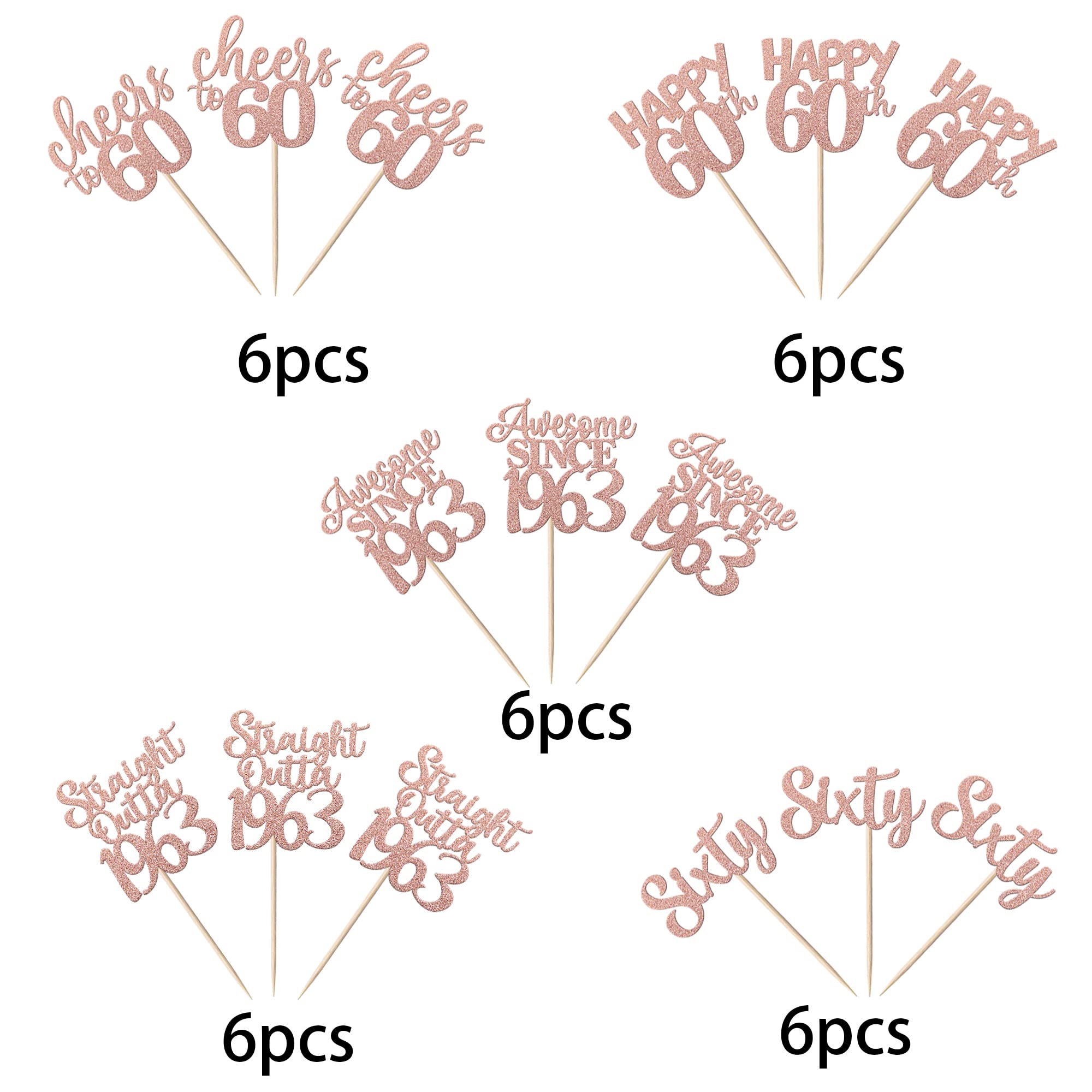 30 Pack 60th Birthday Cupcake Toppers Glitter Straight Outta 1963 Happy 60th Sixty Awesome Since 1963 Cupcake Picks 60 Fabulous Cake Decorations for 60th Birthday Wedding Anniversary Party Rose Gold