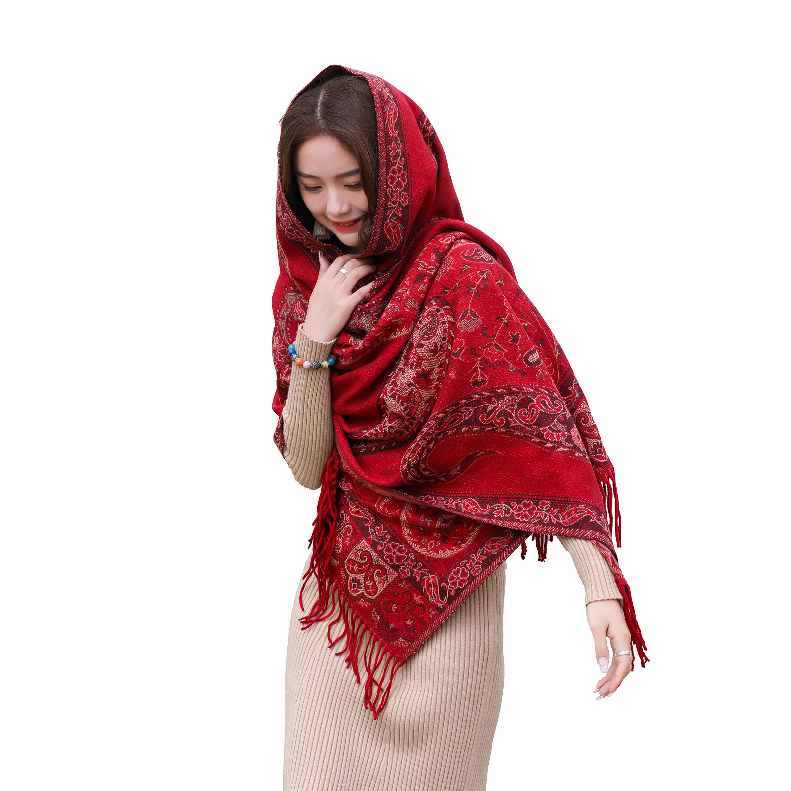 Large Ethnic Style Pashmina Shawls and Wraps for Women Printing Bohemian Extra Long Soft Cashmere Feel Birthday Gifts Throw Warm Winter Womens Fall Scarfs Shawls and Wraps for Wedding Christmas in Red