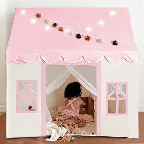 Large Kids Play Tent with Windows, Tassels, Star Light & Padded Mat Kids Tent Playhouse for Kids Indoor & Outdoor Bed Tent for Toddler Toys for Boys Girls Neutral Play Room Furniture, Pink