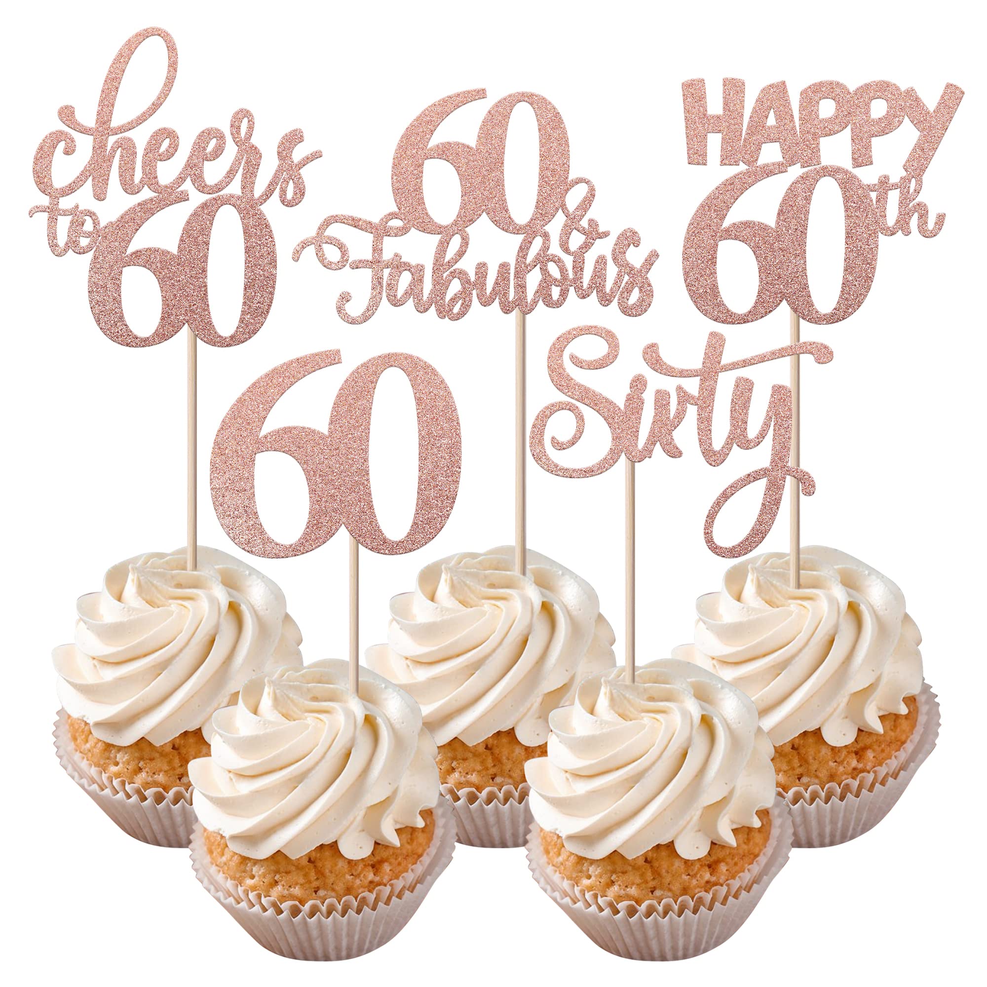 Rsstarxi 30 Pack Happy 60th Birthday Cupcake Toppers Rose Gold Glitter Sixty Cheers to 60 Years Old Birthday Cupcake Picks for 60th Birthday Anniversary Party Cake Decorations Supplies