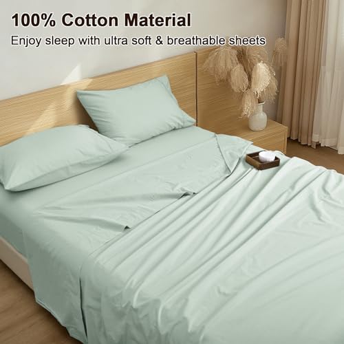 PHF 100% Garment Washed Cotton Sheets Set Twin Size, Ultra Soft Cotton Bedding Sheets Set, 3 PCS Breathable Moisture-Wicking DurableSheet Set,Deep Pocket Cotton Bed Sheet Up to 16", Sage Green