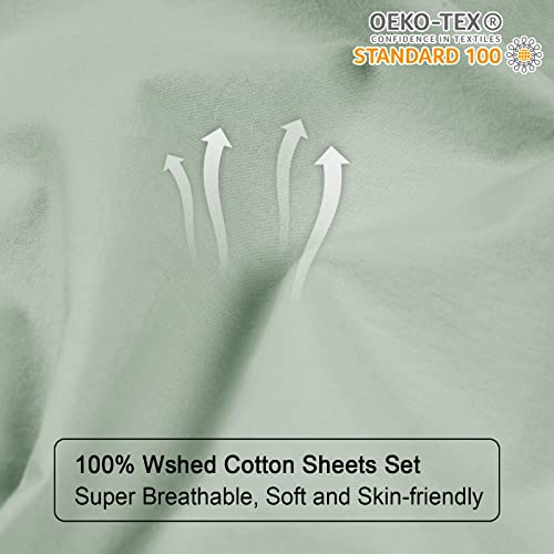 PHF 100% Garment Washed Cotton Sheets Set Twin Size, Ultra Soft Cotton Bedding Sheets Set, 3 PCS Breathable Moisture-Wicking DurableSheet Set,Deep Pocket Cotton Bed Sheet Up to 16", Sage Green