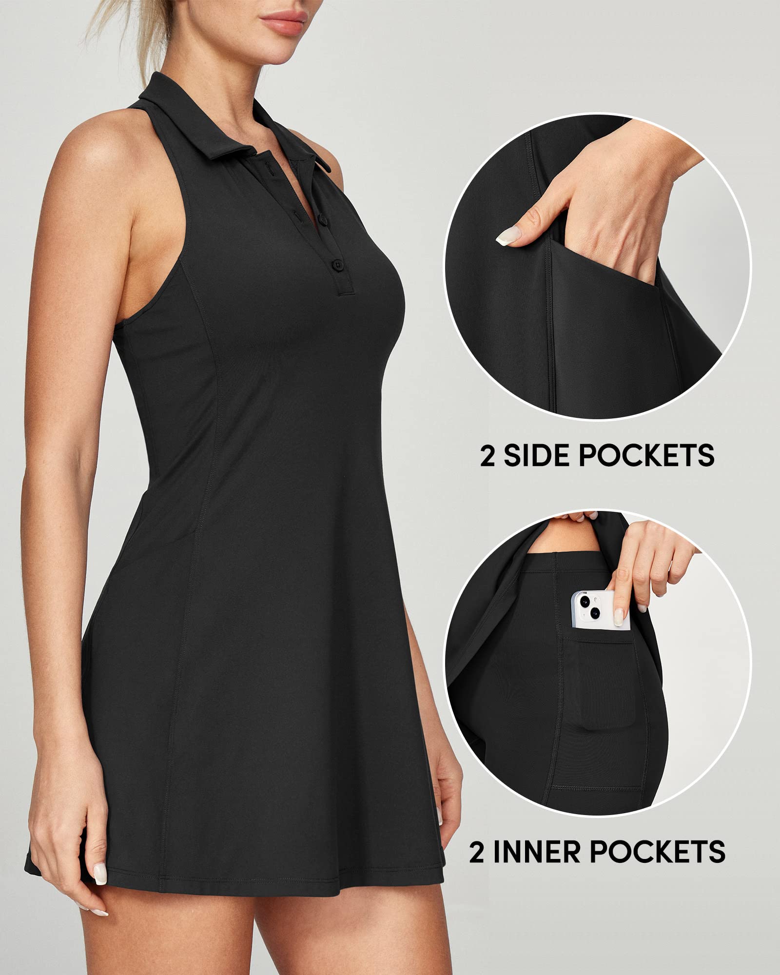 IUGA Tennis Dresses for Women Golf Dress with Shorts Underneath Built-in Bra Workout Exercise Athletic Dress with Pockets Black
