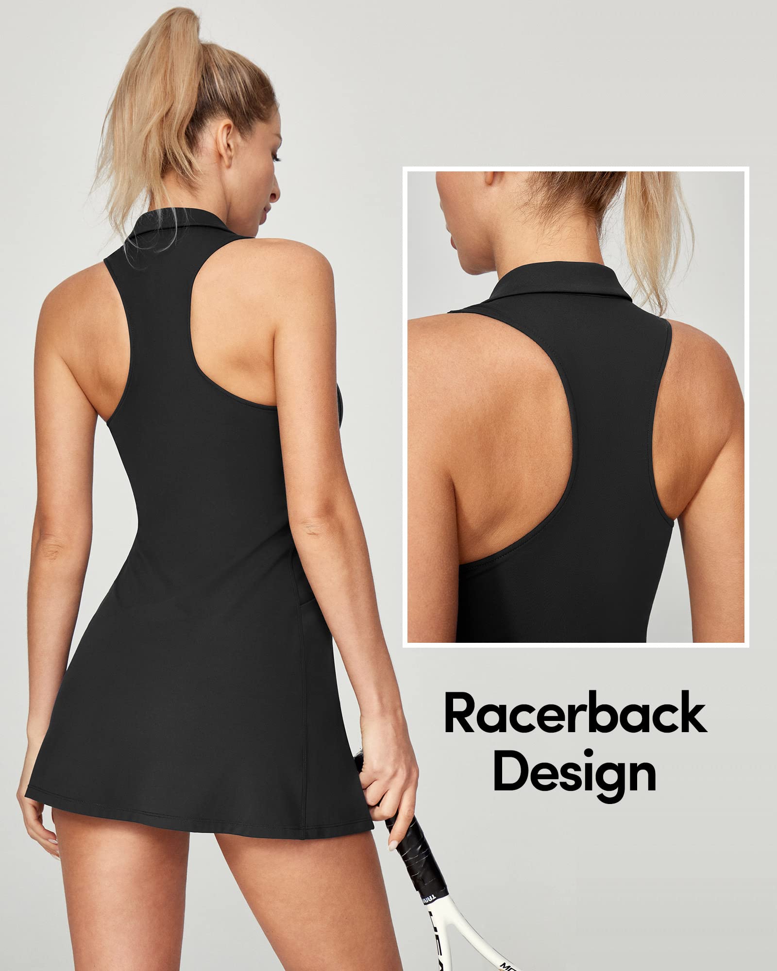 IUGA Tennis Dresses for Women Golf Dress with Shorts Underneath Built-in Bra Workout Exercise Athletic Dress with Pockets Black