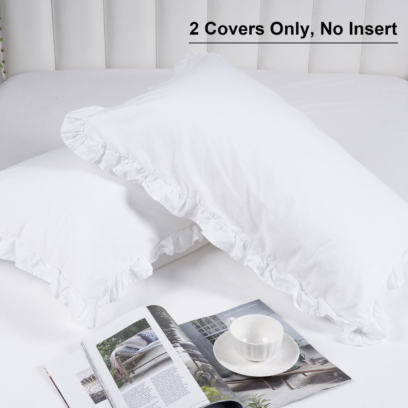 PHF 100% Washed Cotton Ruffle Pillowcases Standard Size, 2 Pack 20" X 26" Pillow Shams, No Insert, Ultra Soft Cotton Pillow Cases,Decorative Farmhouse Bedding Pillow Covers, White