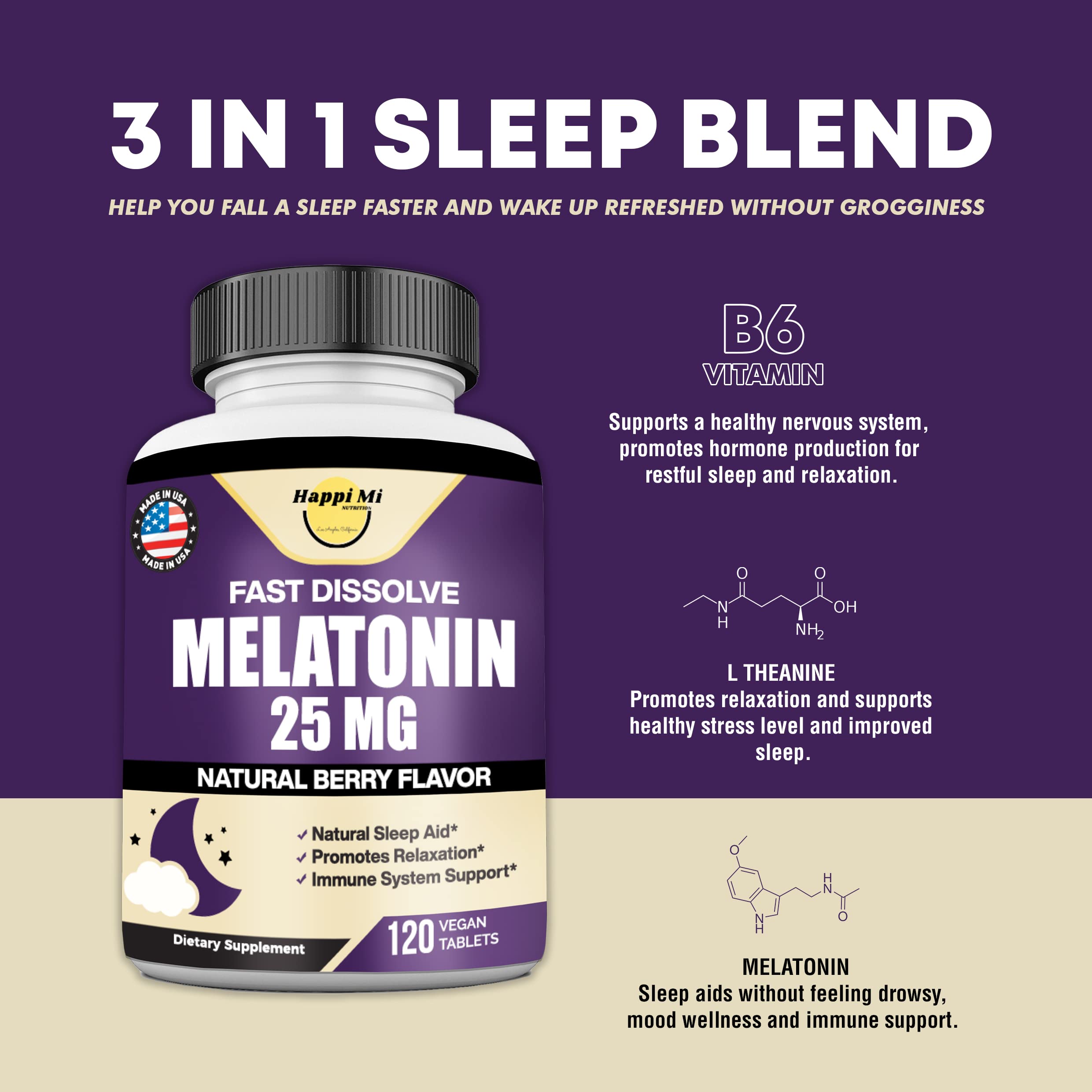 Happi Mi Nutrition Melatonin 25mg, Extra Strength with L-Theanine & Vitamin B-6, Fast Dissolve Tablets, Sleep Support, Relaxation, Restful Sleep, Drug Free, Natural Berry Flavor, 120 Chewable Tablets