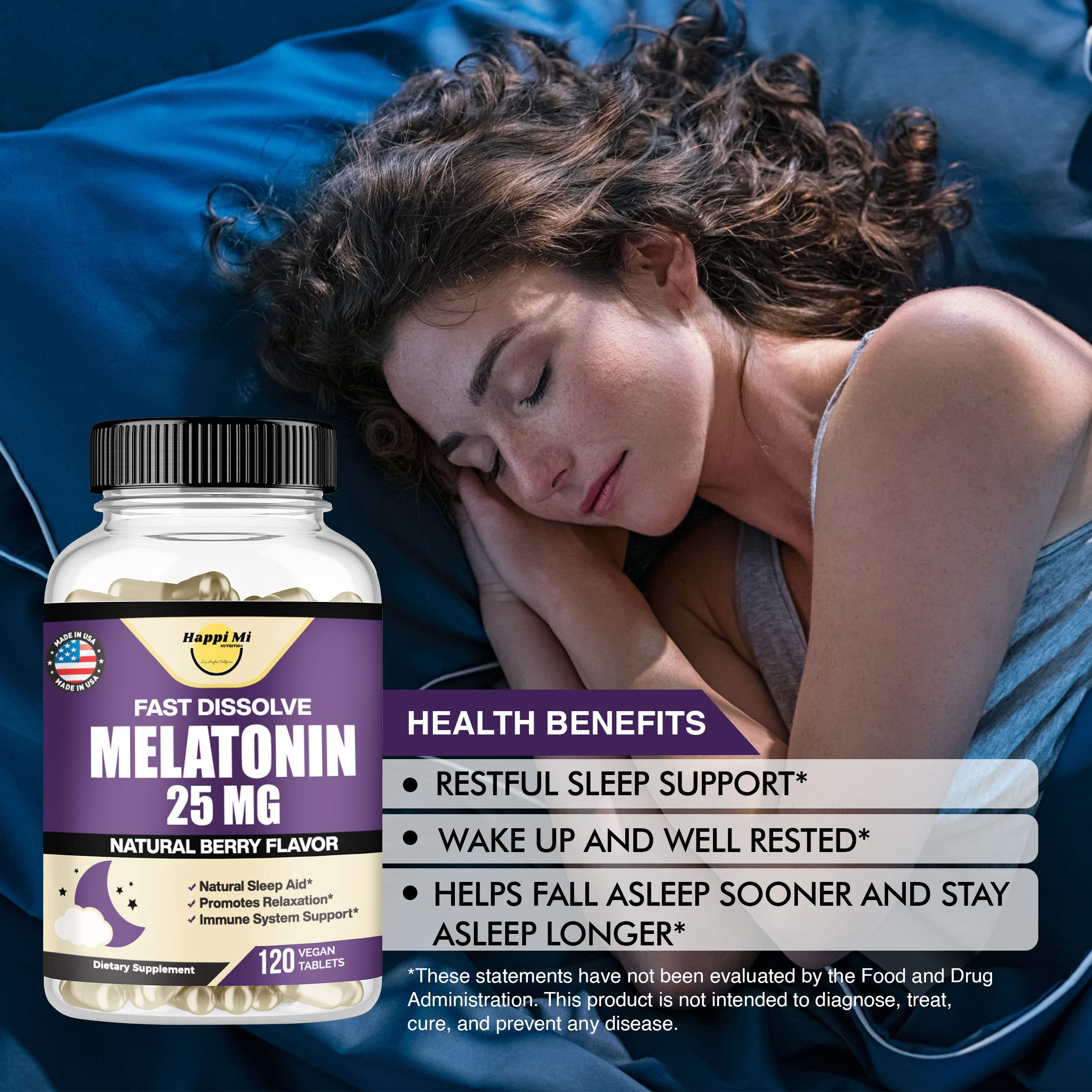 Happi Mi Nutrition Melatonin 25mg, Extra Strength with L-Theanine & Vitamin B-6, Fast Dissolve Tablets, Sleep Support, Relaxation, Restful Sleep, Drug Free, Natural Berry Flavor, 120 Chewable Tablets