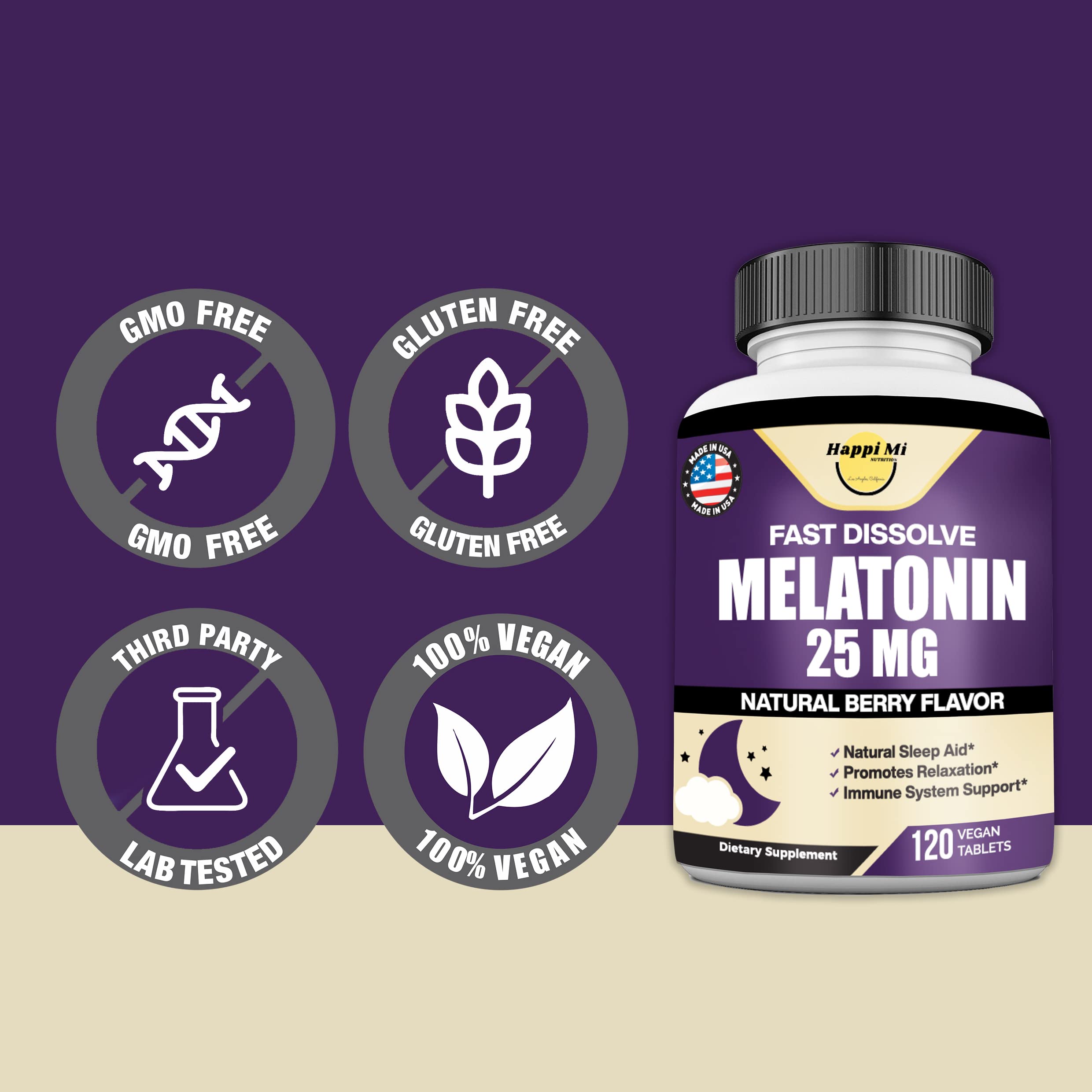 Happi Mi Nutrition Melatonin 25mg, Extra Strength with L-Theanine & Vitamin B-6, Fast Dissolve Tablets, Sleep Support, Relaxation, Restful Sleep, Drug Free, Natural Berry Flavor, 120 Chewable Tablets
