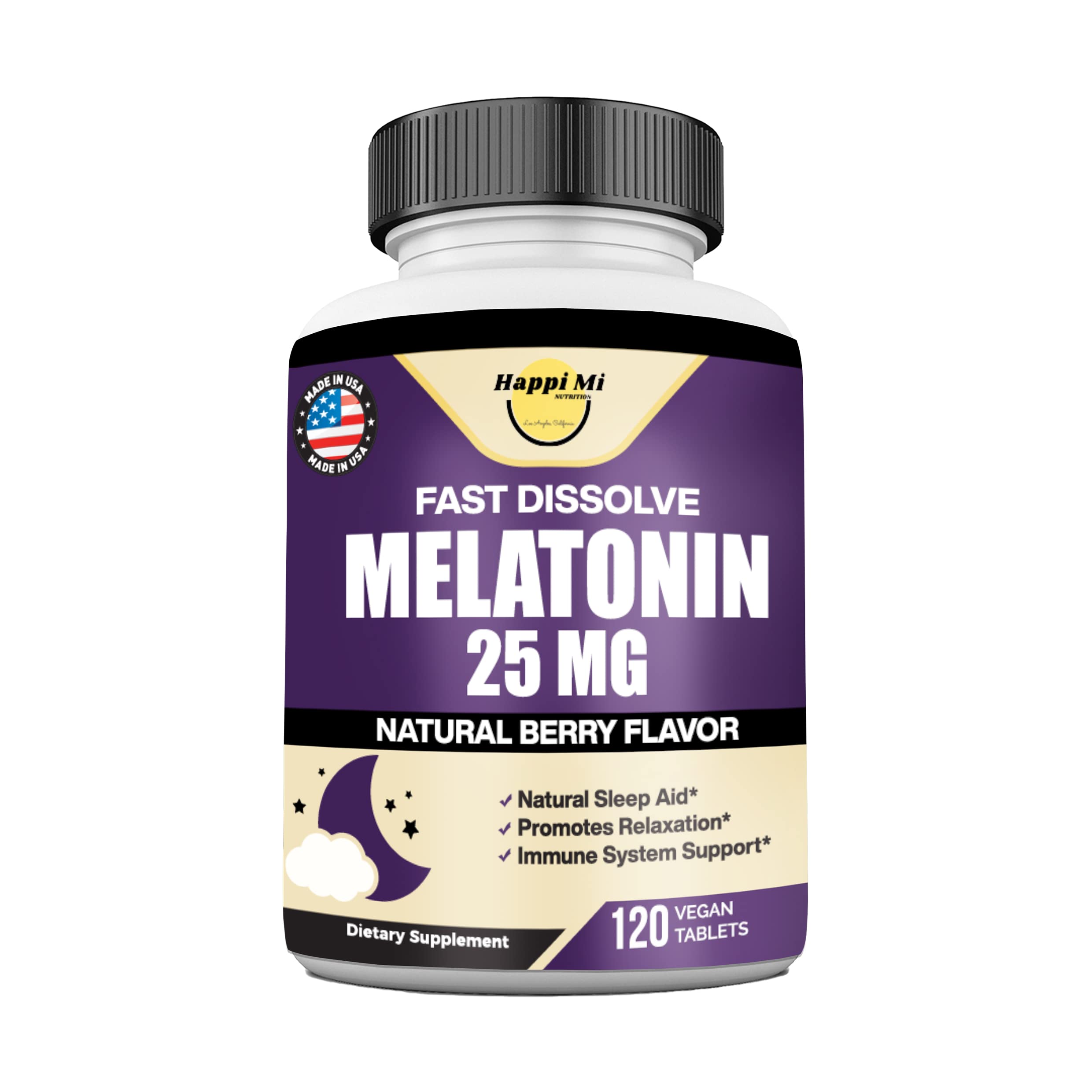 Happi Mi Nutrition Melatonin 25mg, Extra Strength with L-Theanine & Vitamin B-6, Fast Dissolve Tablets, Sleep Support, Relaxation, Restful Sleep, Drug Free, Natural Berry Flavor, 120 Chewable Tablets