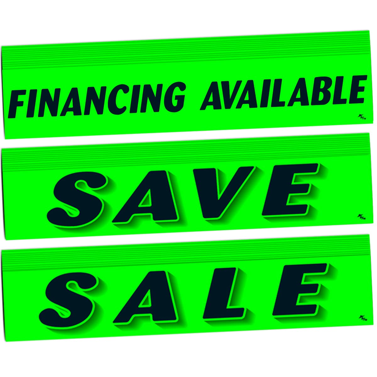 Versa Tags Windshield Slogan Stickers 12 Pack of FINANCING Available Stickers 12 Pack of Save Slogans 12 Pack of Sale Window Stickers (36) Dealership Stickers Black On Green