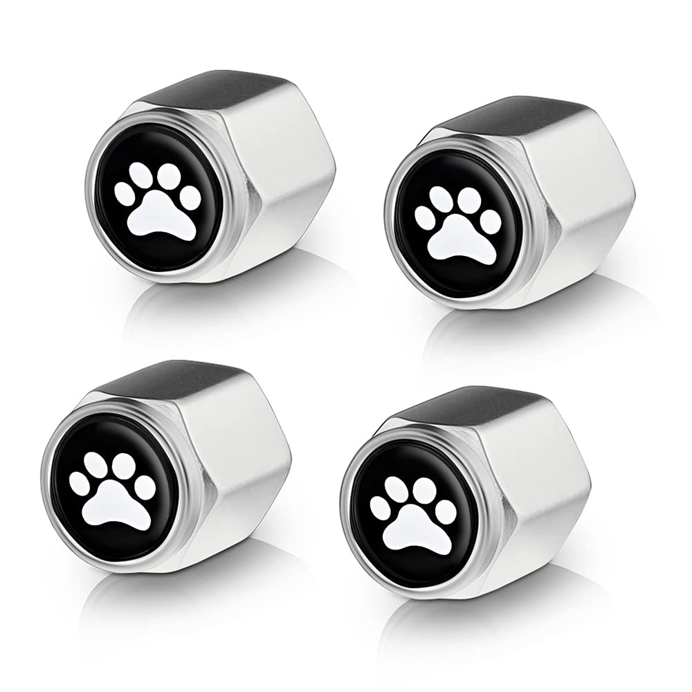 Pet Paw Print Tire Valve Stem Caps - (4 Pack) Metal Air Valve Caps with Plastic Seal, Corrosion Resistant, Leak-Proof, for Cars, Trucks, Motorcycles, Bikes, Silver with Cute Dog and Cat Paw Prints