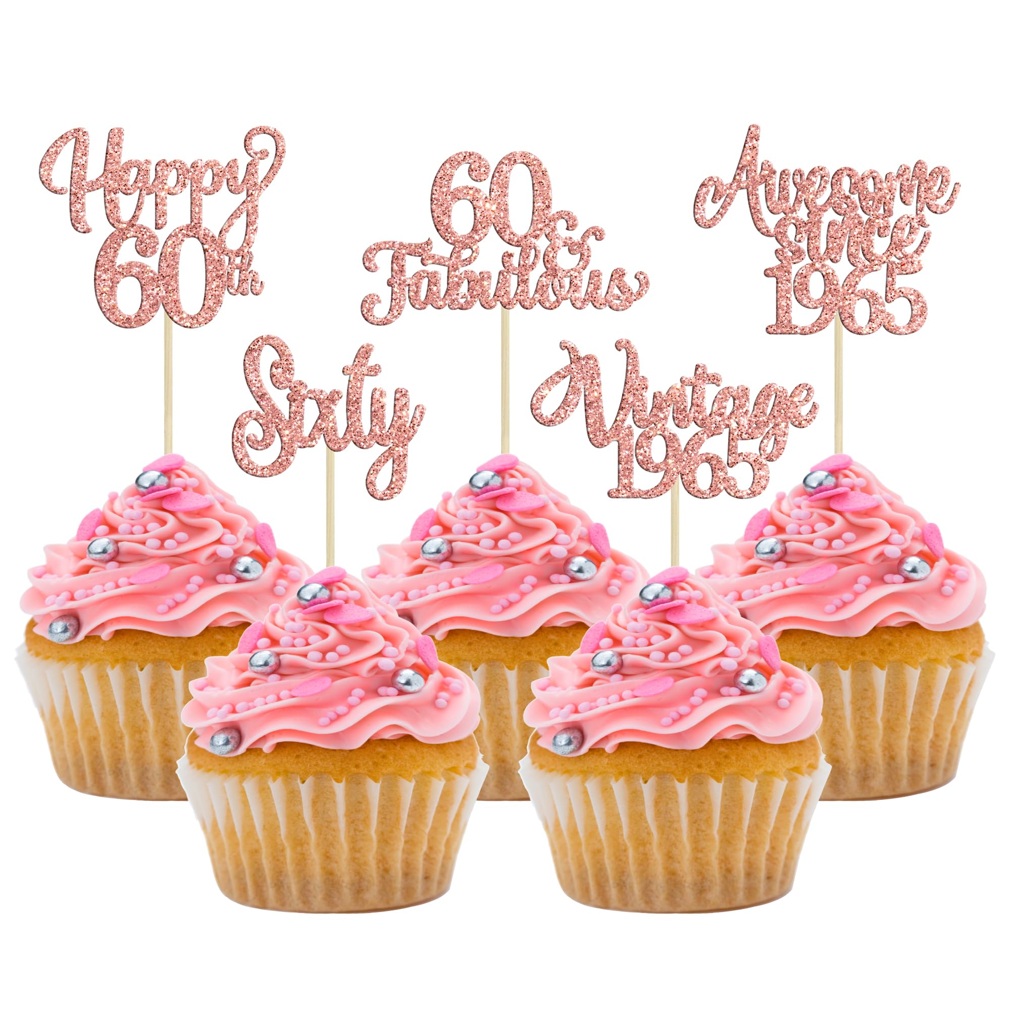 30Pcs Vintage 1965 Cupcake Toppers Glitter Sixty 60 Fabulous Happy 60th Birthday Cupcake Picks Cheers to 60 Years for 60th Birthday Anniversary Party Cake Decorations Supplies Rose Gold