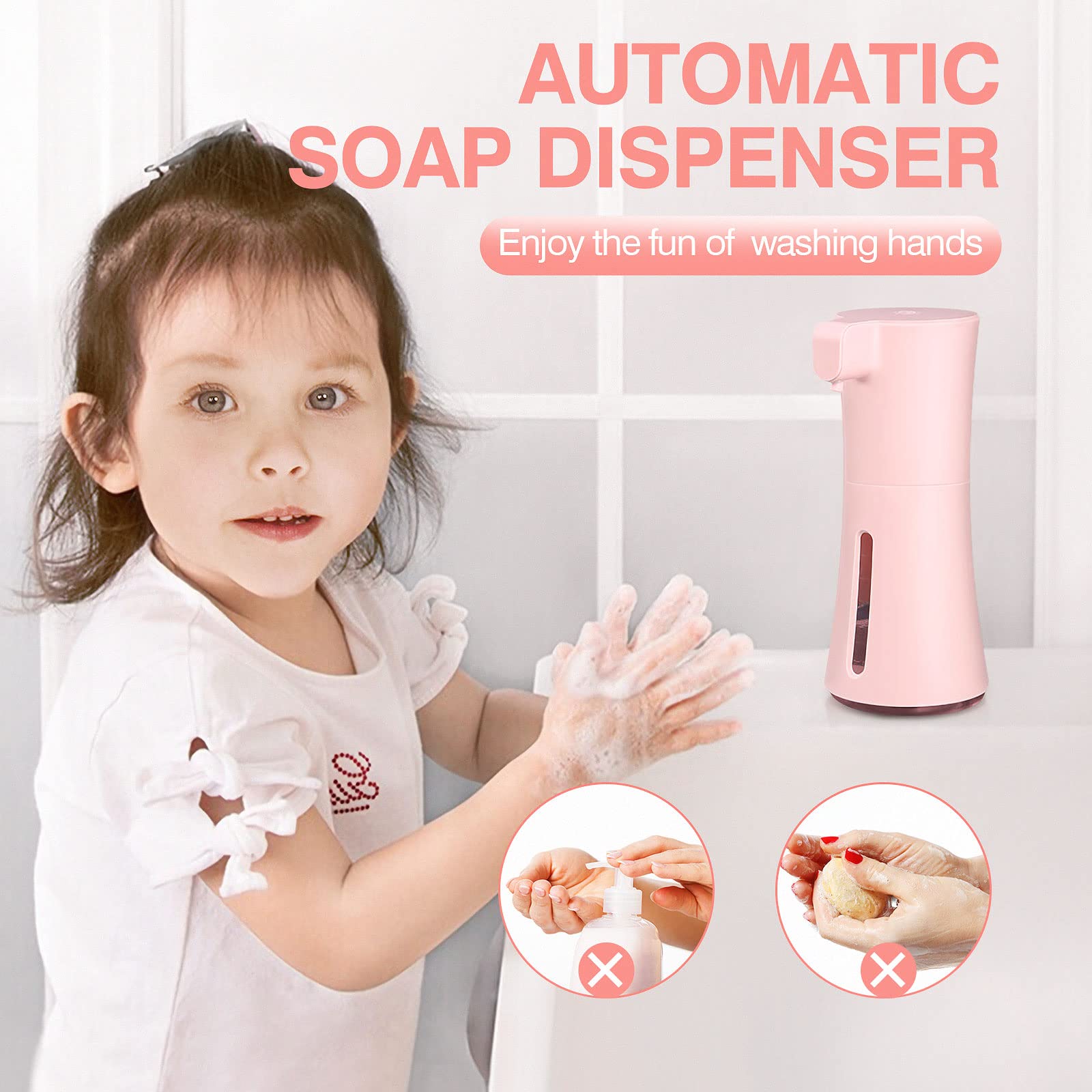 Foaming Soap Dispenser, Elbwenly 12oz/350ml Touchless Automatic Soap Dispenser, Battery Operated Hands-Free Soap Dispenser for Kitchen, Bathroom-Pink