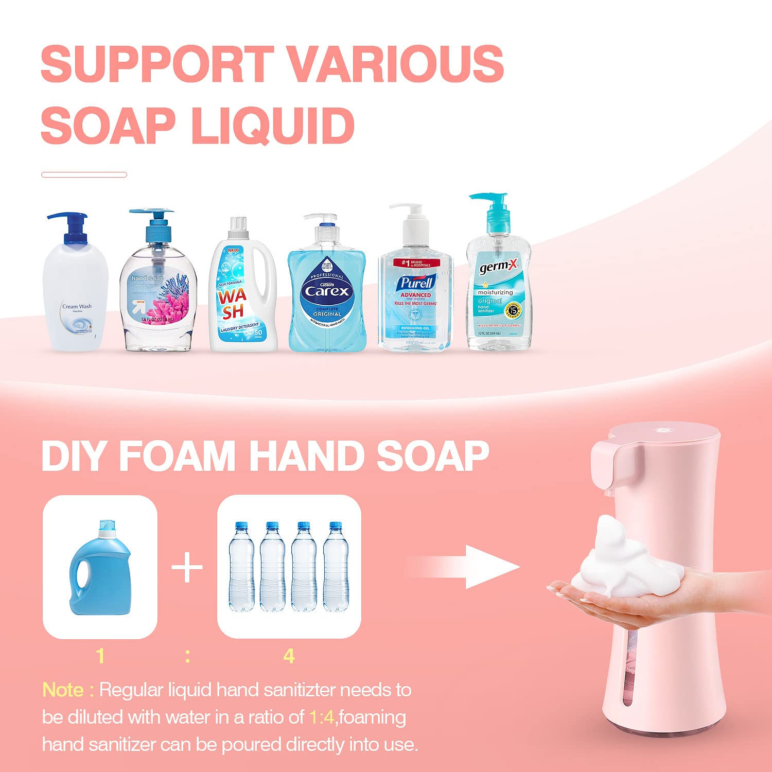 Foaming Soap Dispenser, Elbwenly 12oz/350ml Touchless Automatic Soap Dispenser, Battery Operated Hands-Free Soap Dispenser for Kitchen, Bathroom-Pink