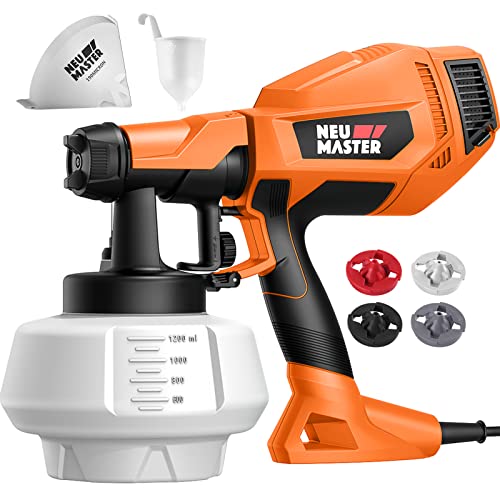 NEU MASTER Paint Sprayer, Electric Spray Paint Gun 1200ML/4 Nozzles/3 Patterns, Easy to Use for Home Interior and Exterior, House, Furniture, Cabinets, Fence, Ceiling (Orange)