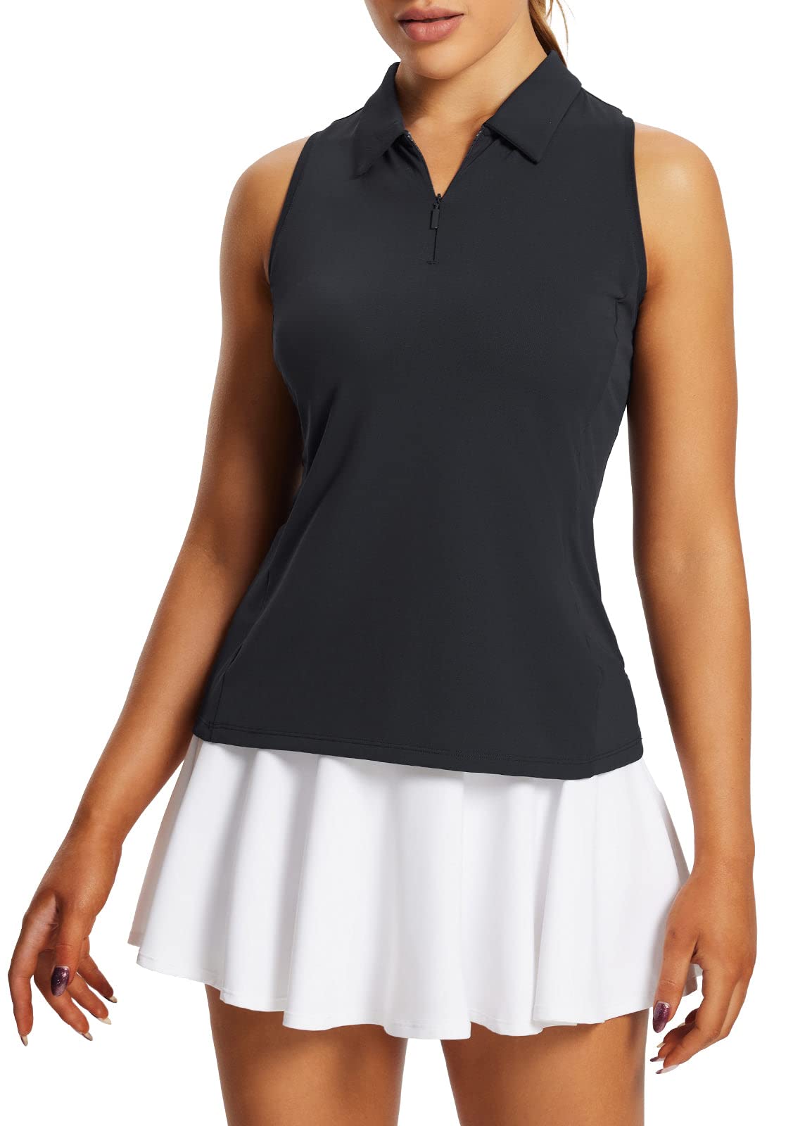 baleaf Women's Golf Shirts Tank Tops Sleeveless Tennis Polo Racerback with Collar Athletic Tanks Quick Dry-Black-XS