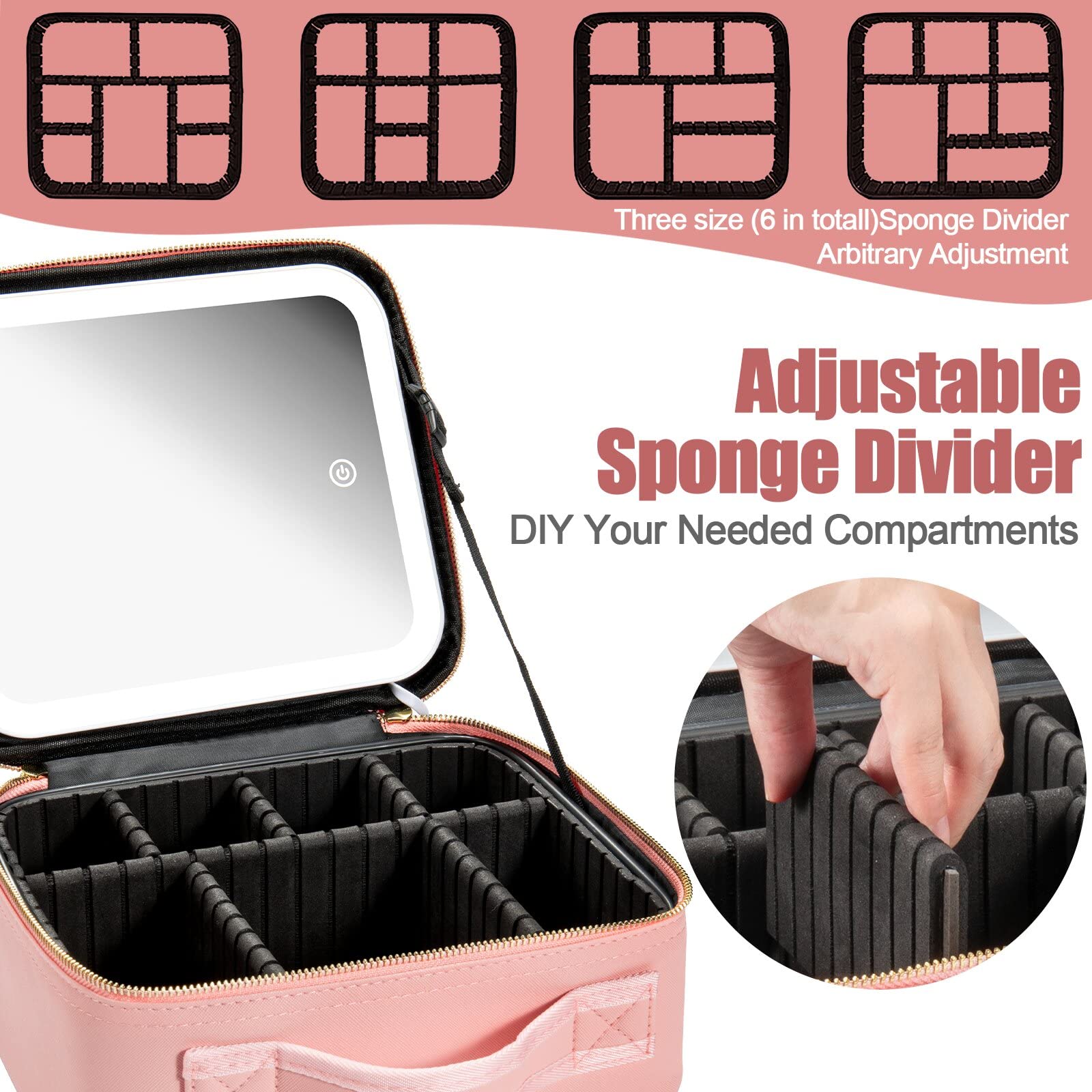Seoneiro Makeup Travel Bag with LED Lighted Mirror Adjustable Brightness Portable Waterproof Makeup Case with Adjustable Dividers, Make up Train Case Organizer Makeup Brush Accessories and Tool Case