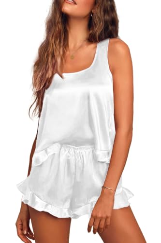 Ekouaer White Satin Pajamas Womens Shorts Set Ruffled Tank Silk Sleepwear Pjs White L