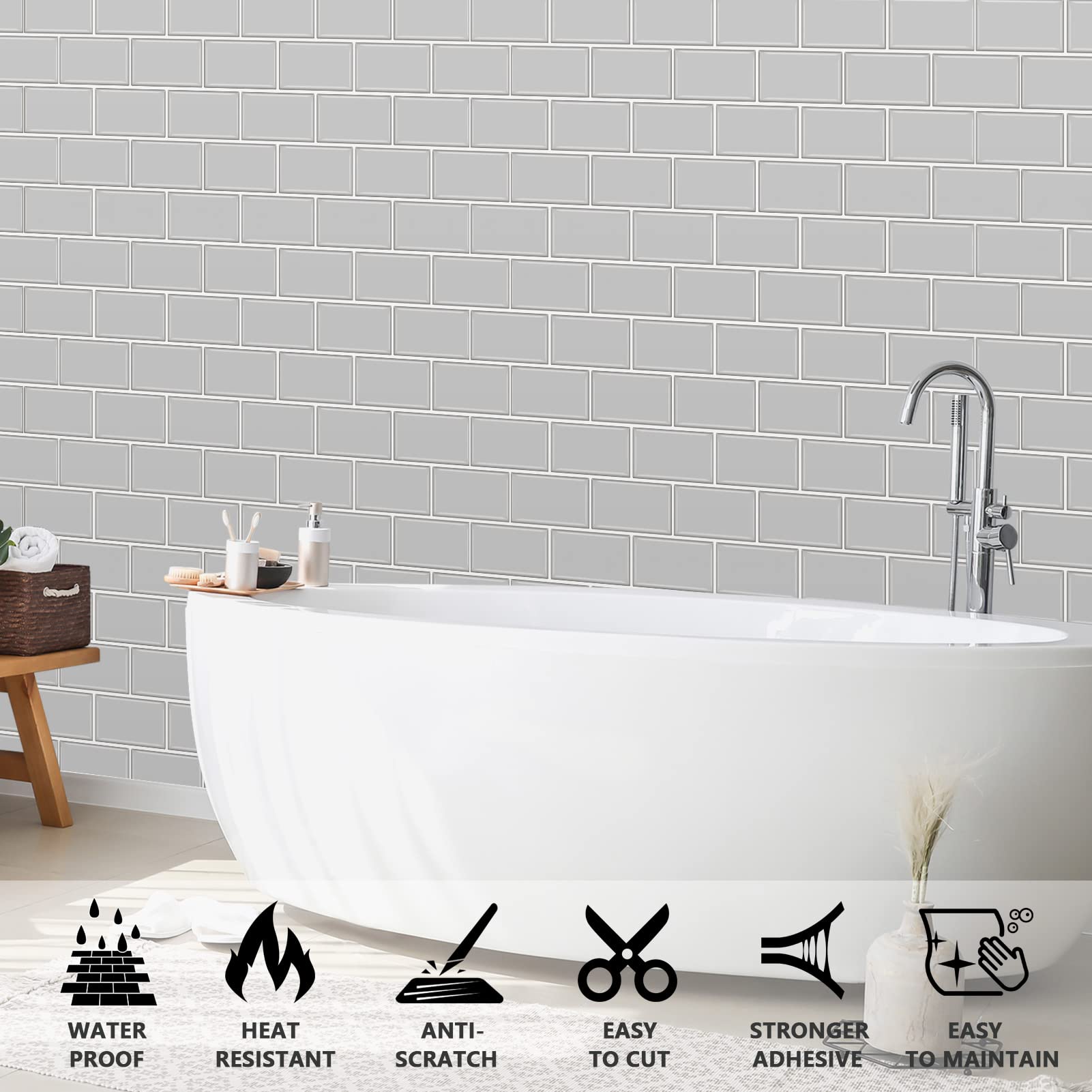 URCOLOR 10-Sheet Subway Tile Peel and Stick Backsplash for Kitchen,12"x12" Self Adhesive Wall Tiles Sticker on Back Splashes for Bathroom Gray