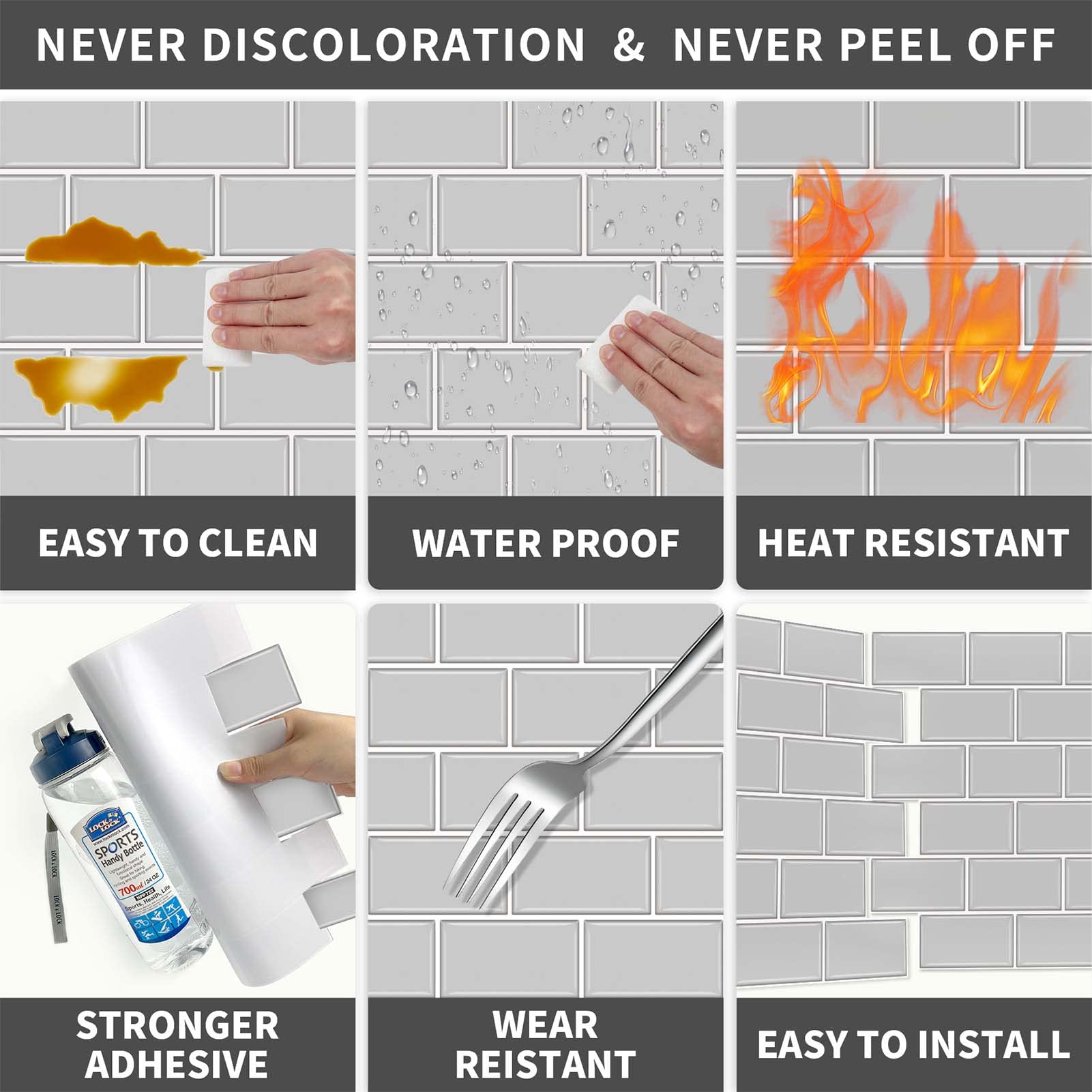 URCOLOR 10-Sheet Subway Tile Peel and Stick Backsplash for Kitchen,12"x12" Self Adhesive Wall Tiles Sticker on Back Splashes for Bathroom Gray