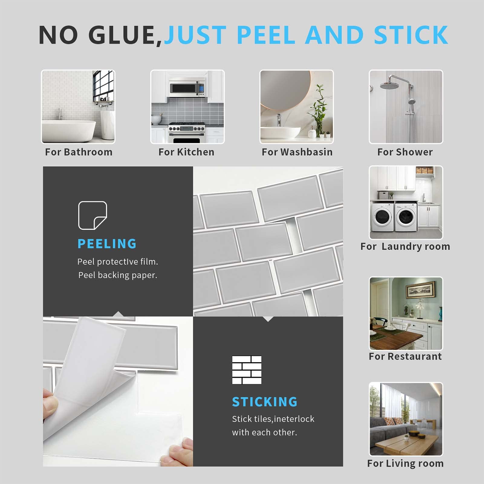 URCOLOR 10-Sheet Subway Tile Peel and Stick Backsplash for Kitchen,12"x12" Self Adhesive Wall Tiles Sticker on Back Splashes for Bathroom Gray