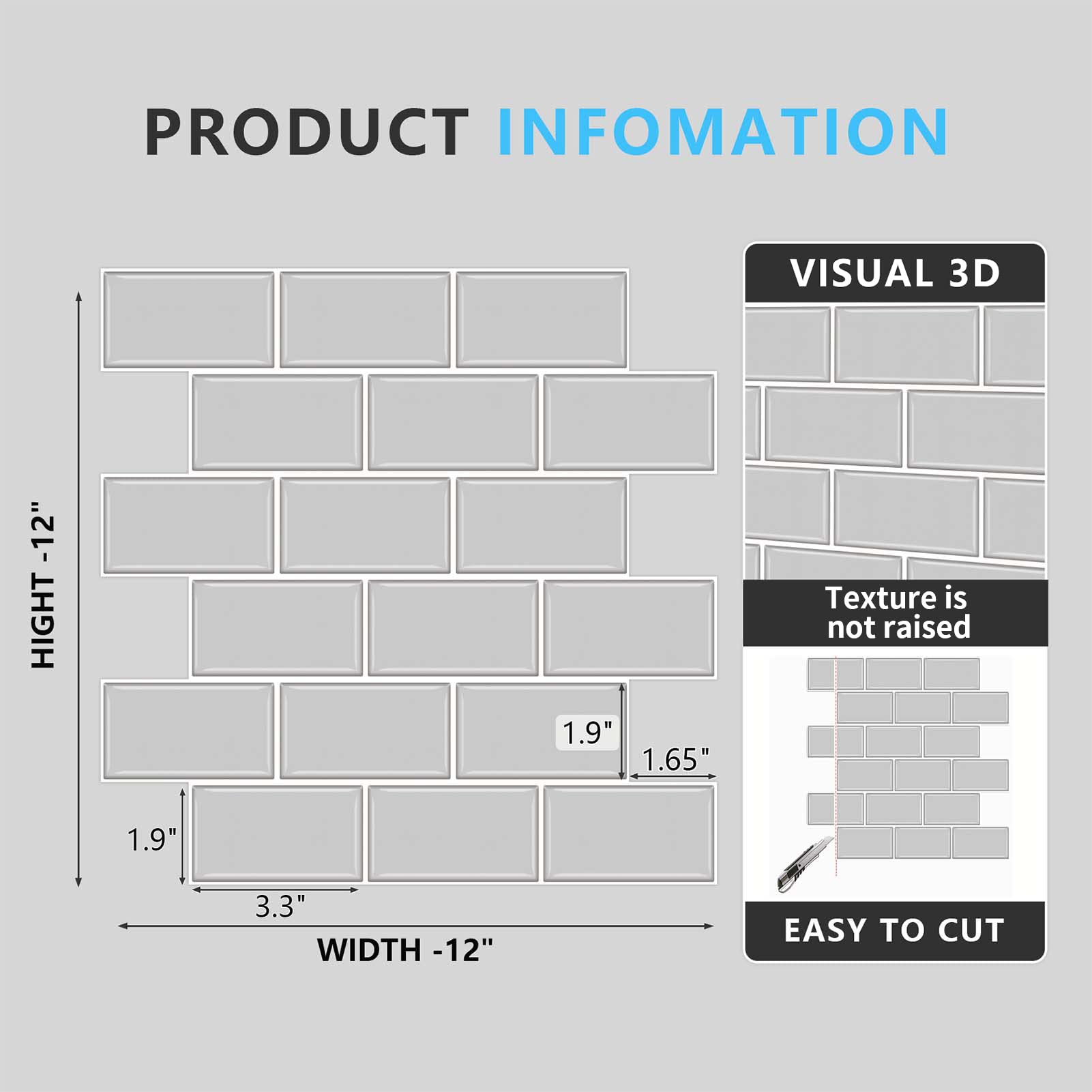 URCOLOR 10-Sheet Subway Tile Peel and Stick Backsplash for Kitchen,12"x12" Self Adhesive Wall Tiles Sticker on Back Splashes for Bathroom Gray